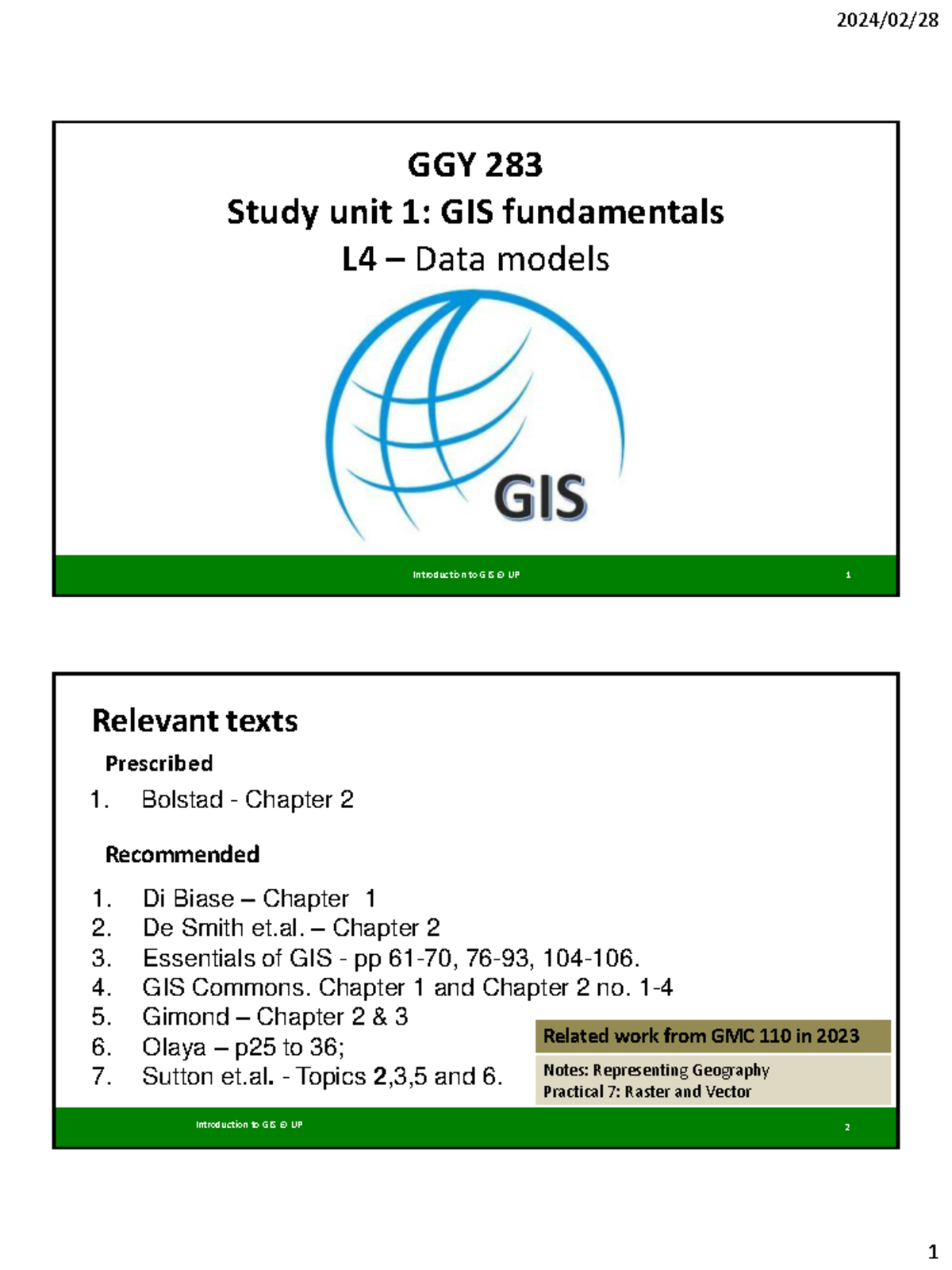 Lecture 4 ; Data Models - GGY 283 Study unit 1: GIS fundamentals L4 – Data models Introduction ...