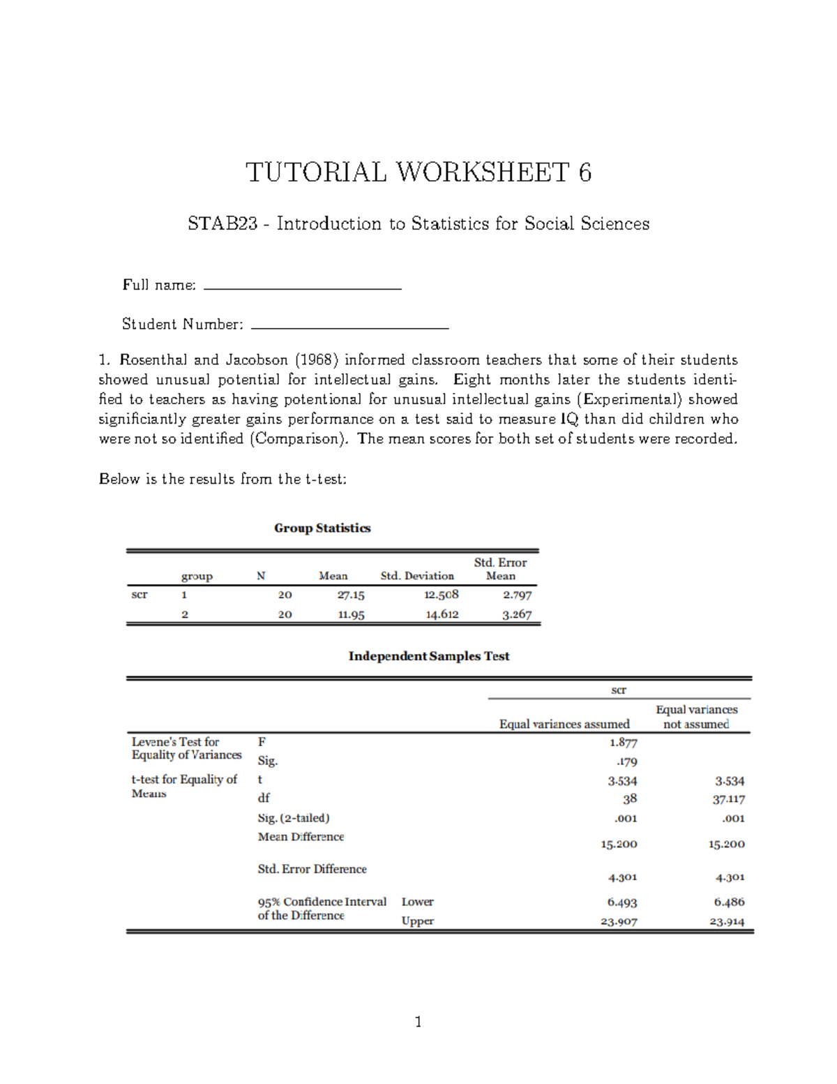 Tutorial Worksheet 6 - WORK SHEET - TUTORIAL WORKSHEET 6 STAB23 ...