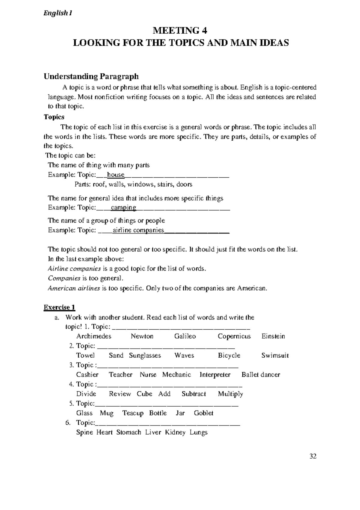 Handout 4 Looking for Topics and Main Ideas - MEETING 4 LOOKING FOR THE ...