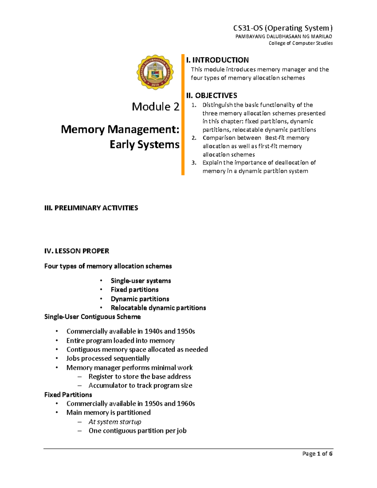 CS31Operating System Module 2CS31-OS - Lecture notes 11 - PAMBAYANG ...
