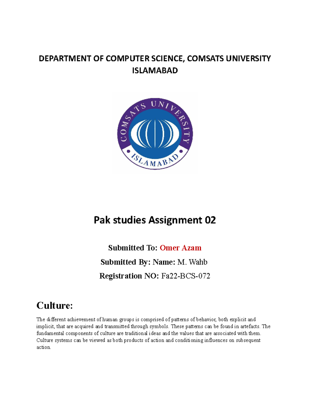 Pakstudy assignment 2 - DEPARTMENT OF COMPUTER SCIENCE, COMSATS UNIVERSITY ISLAMABAD Pak studies ...