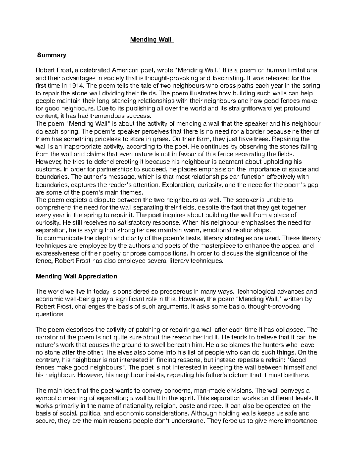 Mending wall notes - English literature semester six - Mending Wall ...