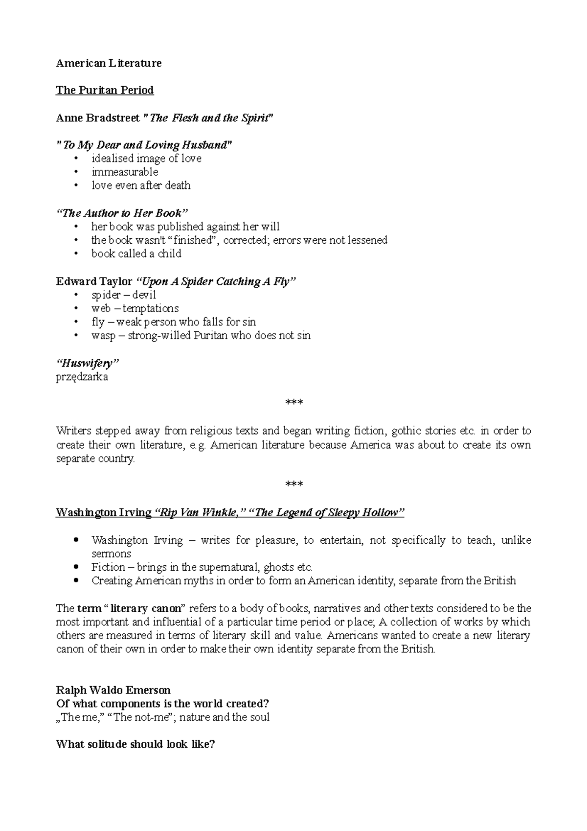 American Literature notes - American Literature The Puritan Period Anne ...