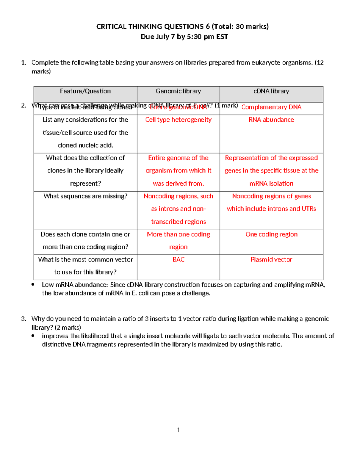 CTQ 6 - questions to go over for molecular genetics. - CRITICAL THINKING QUESTIONS 6 (Total: 30 ...