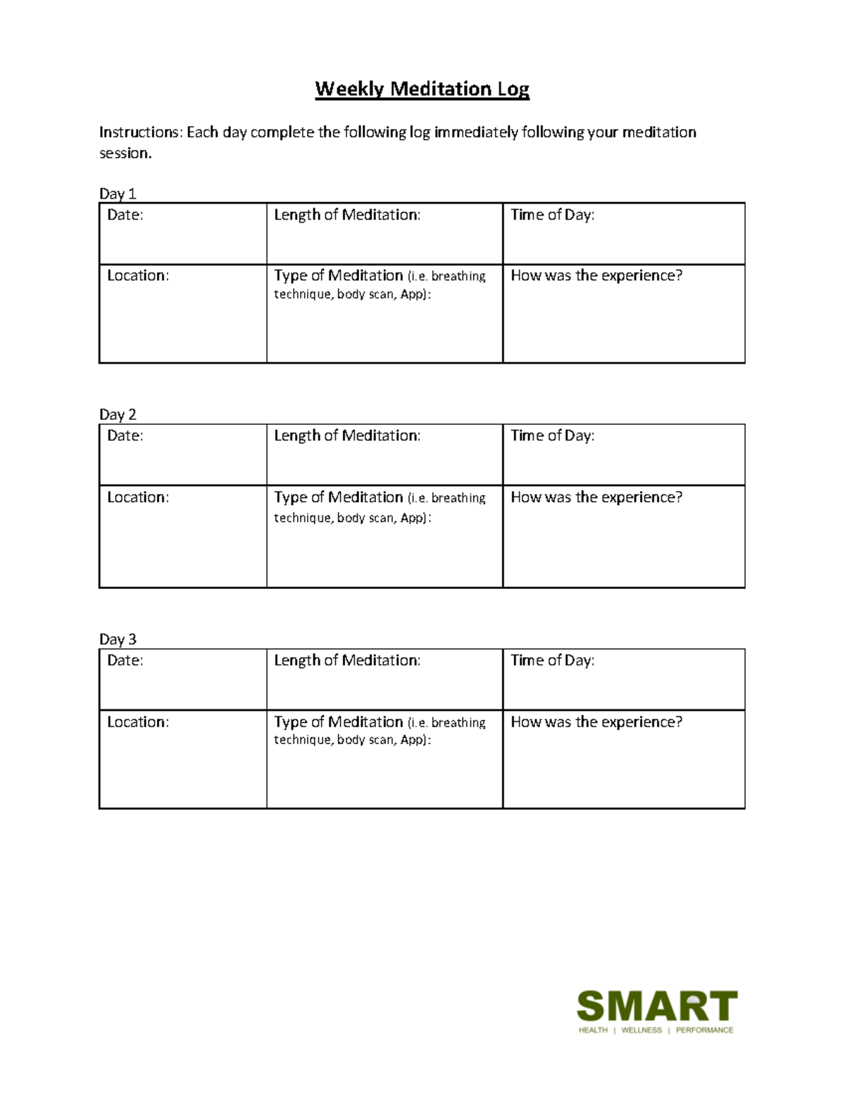 MEdication log for the medicatgyionnn - Weekly Meditation Log ...