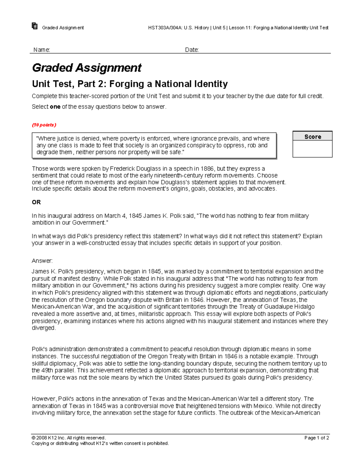 Unit Test, Part 2 Forging a National Identity - Graded Assignment ...