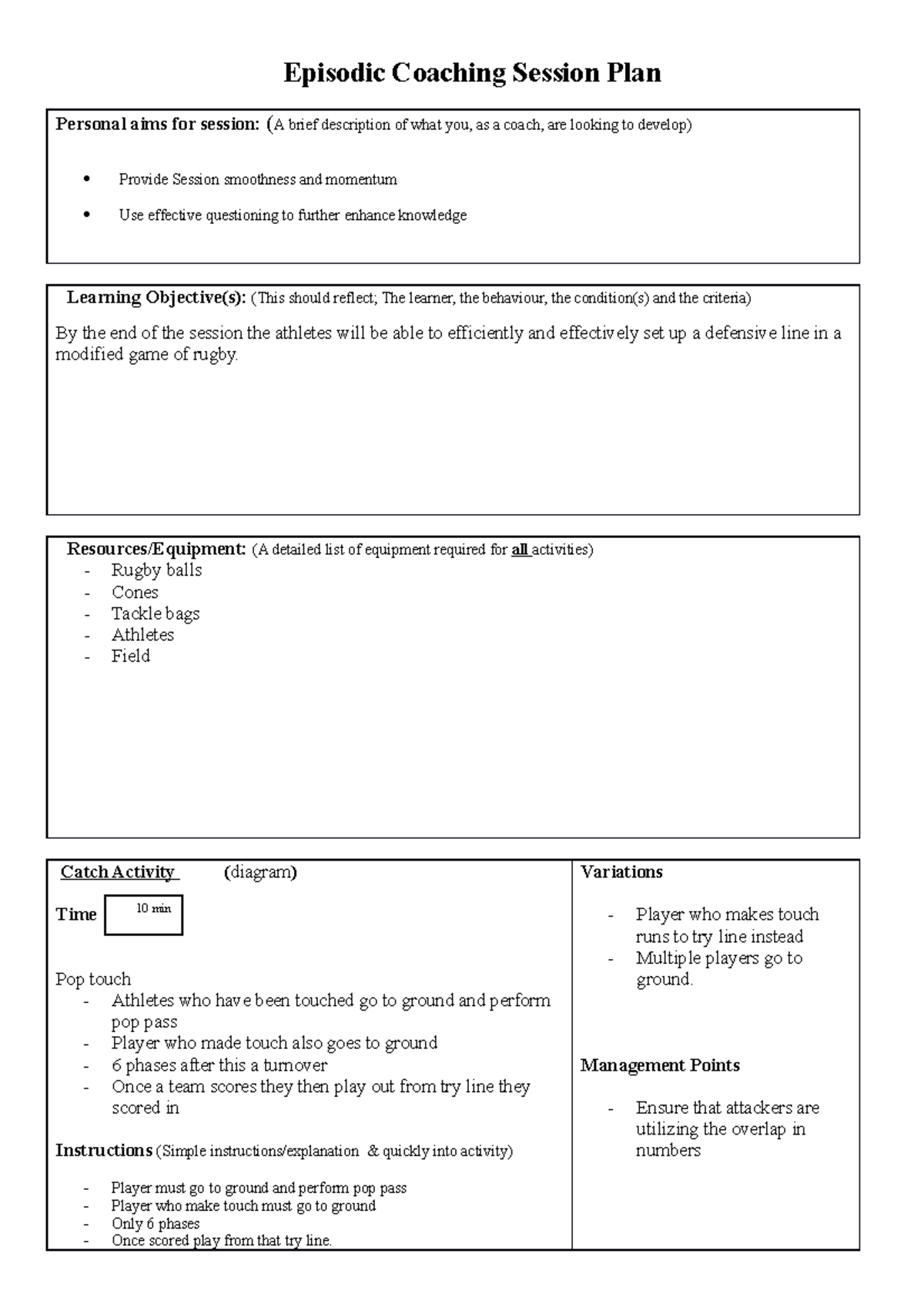 10 - Lesson Plan exemplar 10 - Episodic Coaching Session Plan Personal ...