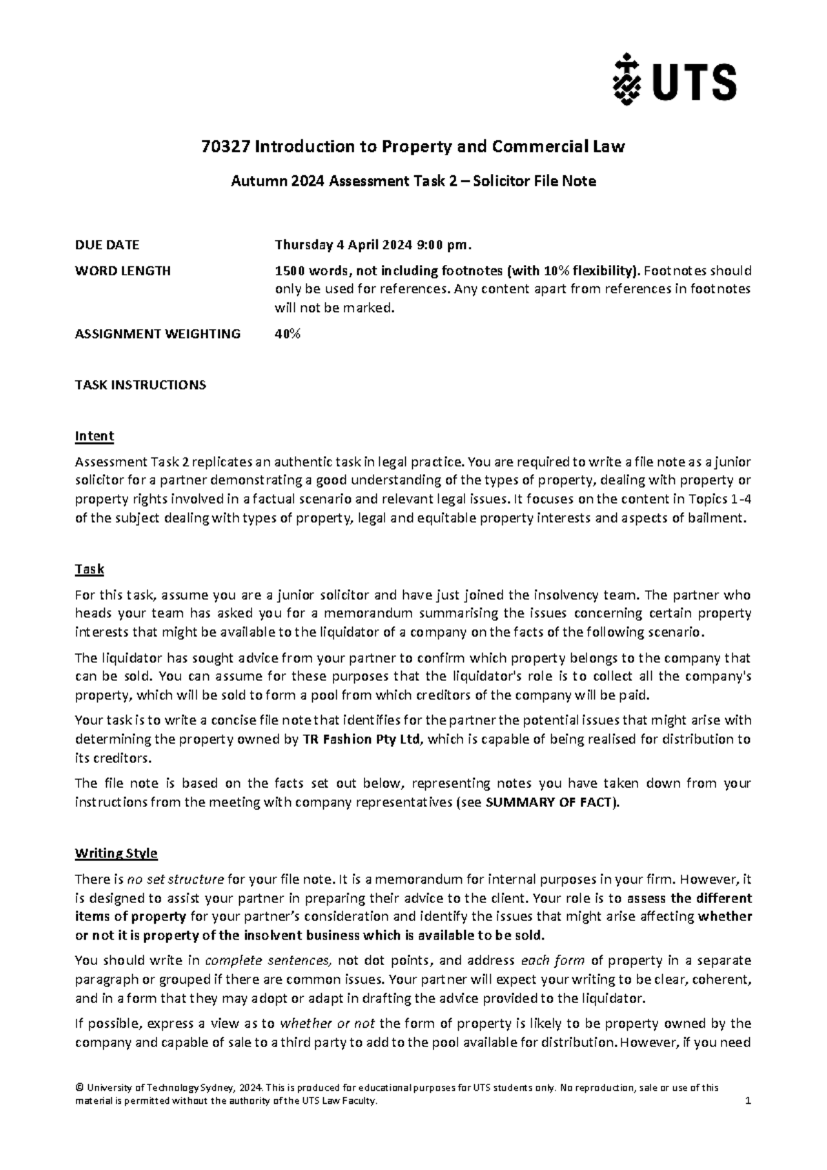 70327 File Note Assessment Task 2 - 2024AUT-1 - © University of ...