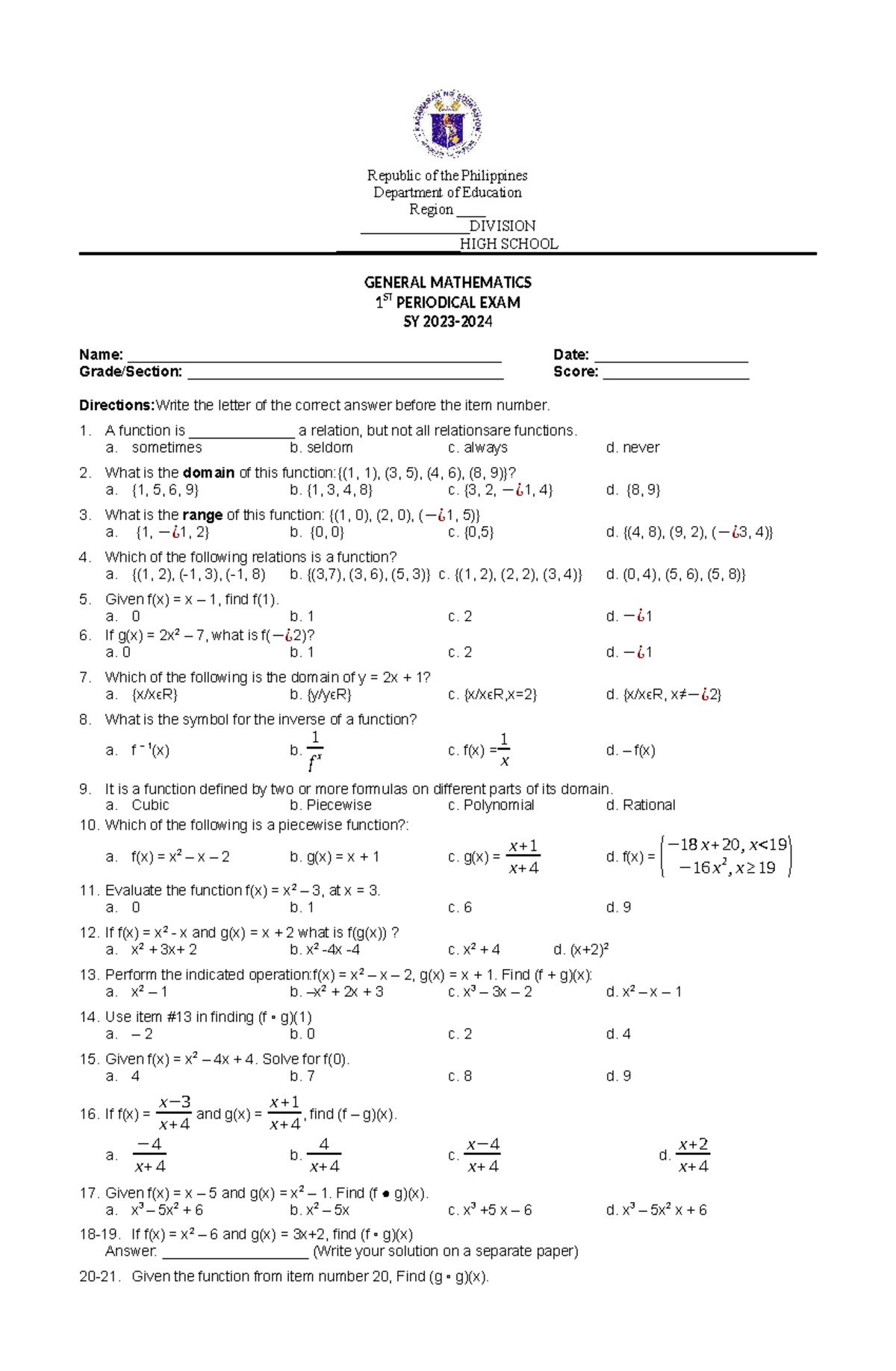 PT General Mathematics Q1 - Republic of the Philippines Department of ...