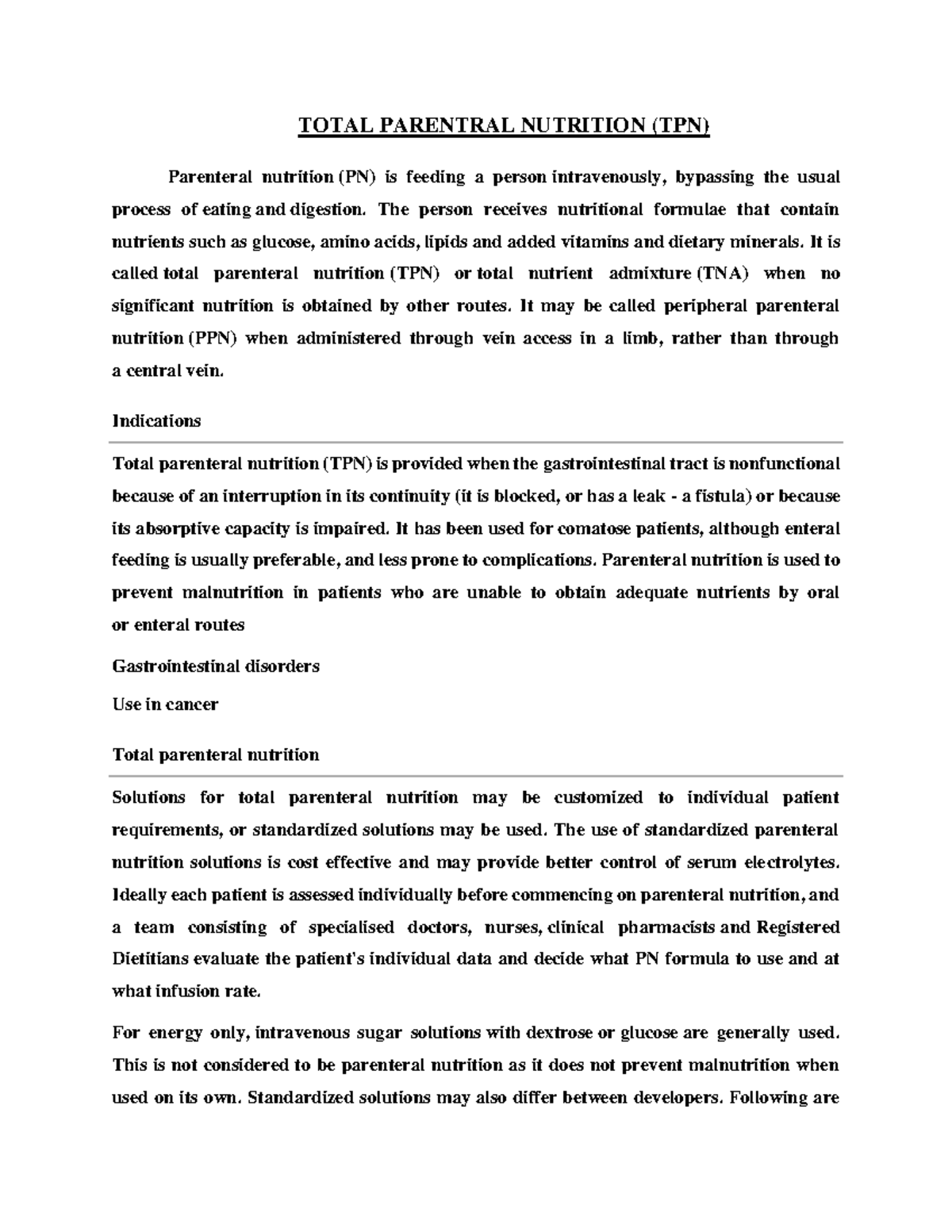 TPN-1 - Pharmacy notes - TOTAL PARENTRAL NUTRITION (TPN) Parenteral ...