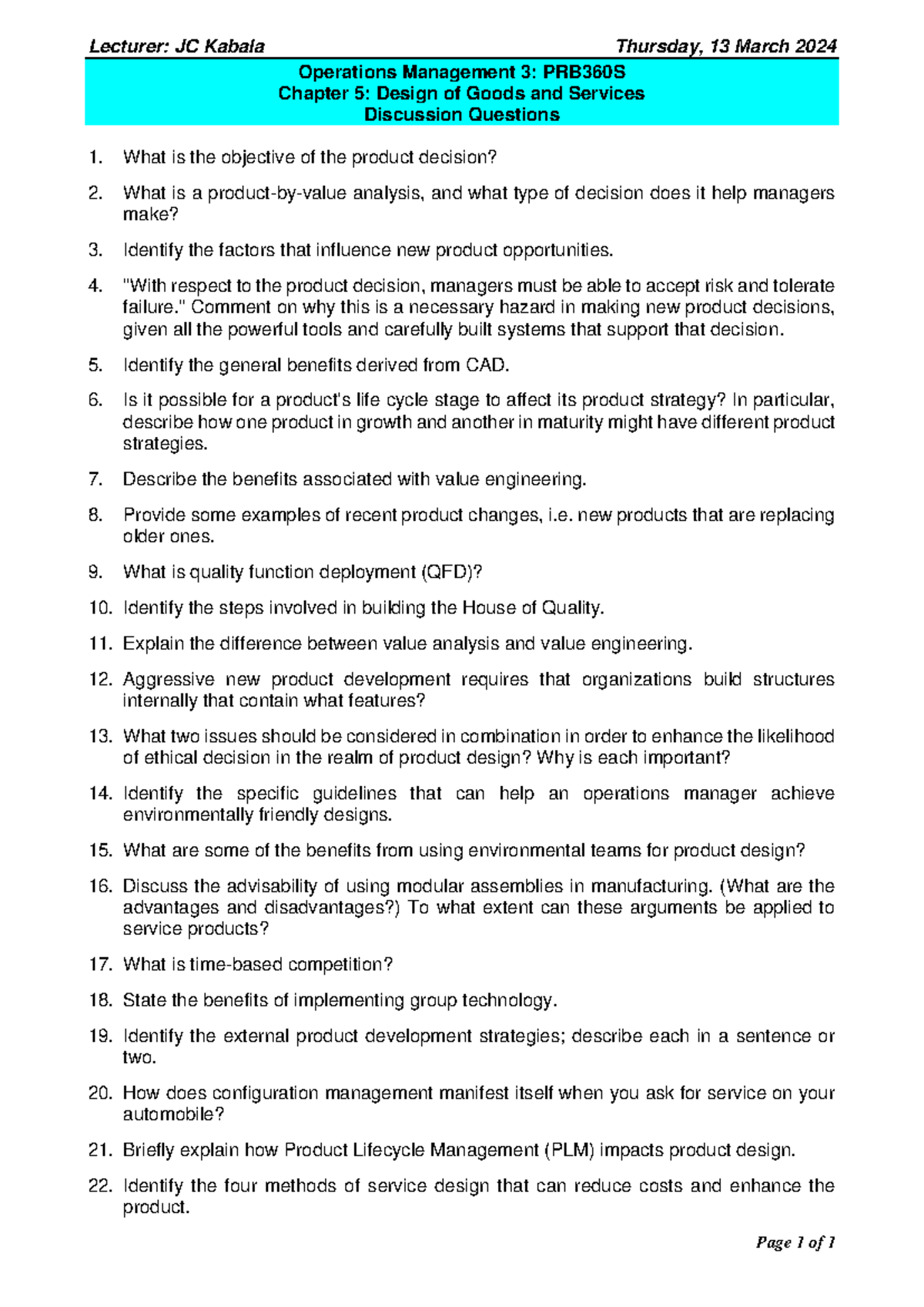 PRB360S Discussion questions Chapter 5 - Lecturer: JC Kabala Thursday ...