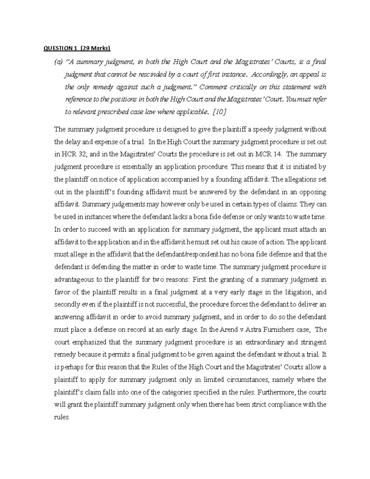 Civil Procedure EXAM Practice Questions Answered - QUESTION 1 (29 Marks ...