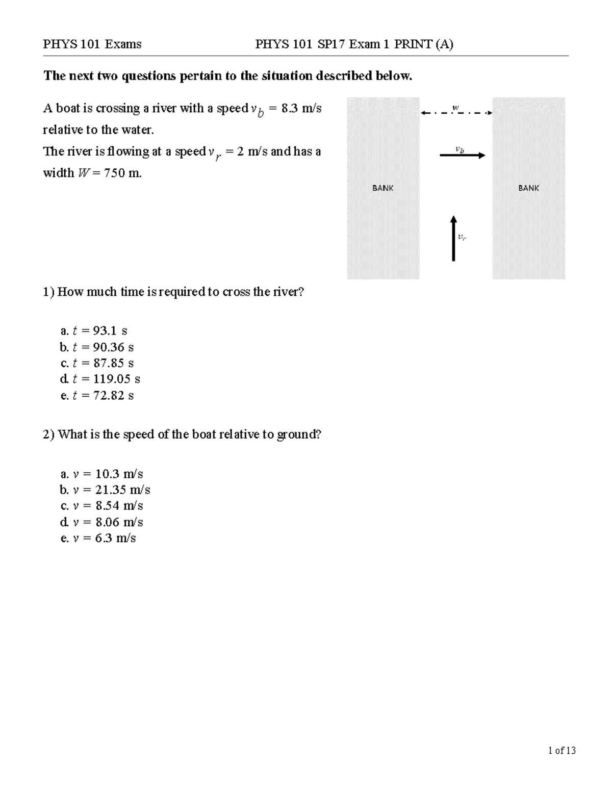 PHYS 101 E1 SP2017 print - PHYS 101 Exams 1) 2) PHYS 101 SP17 Exam 1 ...