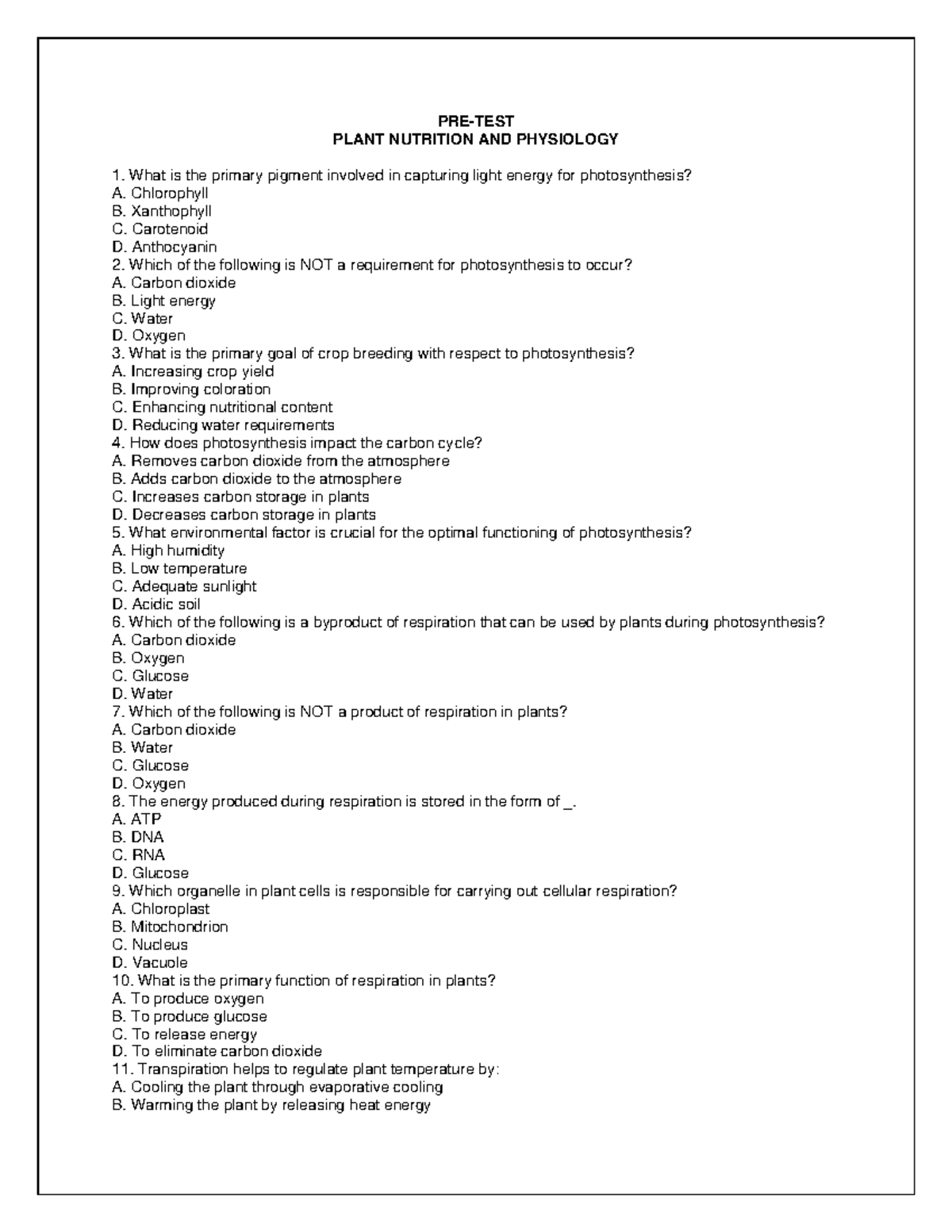 Pretest- Plant- Nutrition-AND- Physiology - PRE-TEST PLANT NUTRITION ...