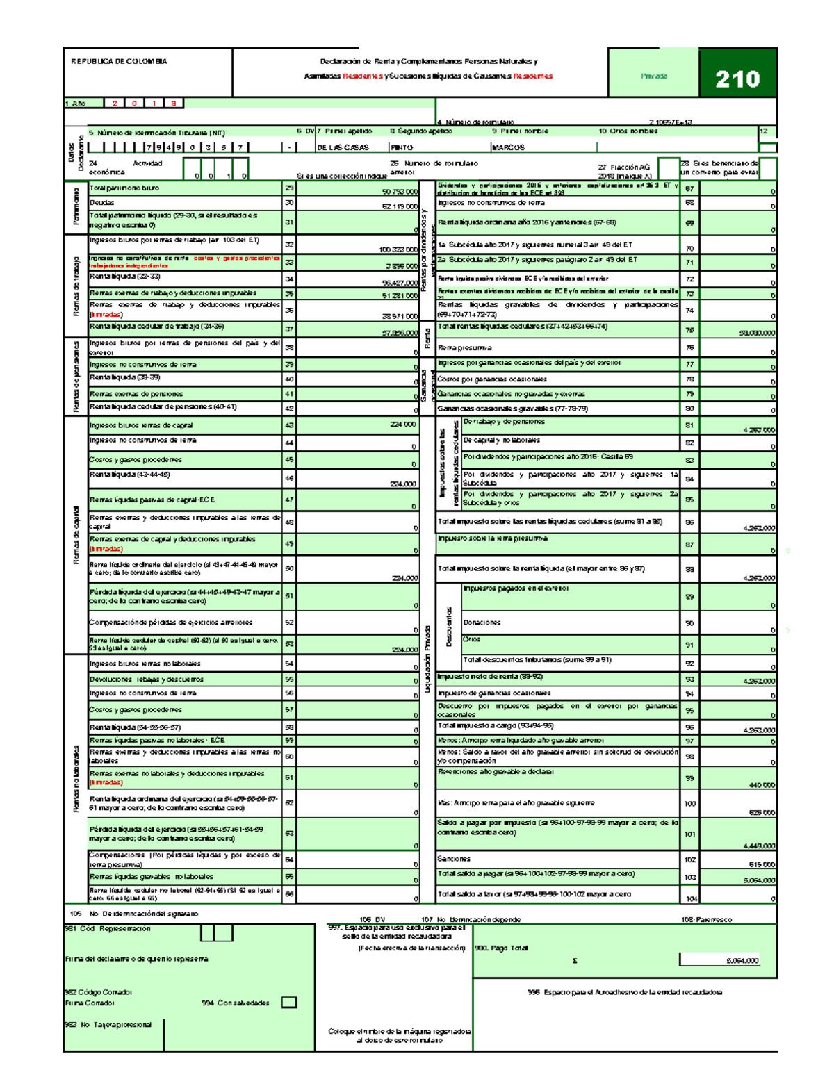 Declaracion DE Renta 210 2018 - REPUBLICA DE COLOMBIA Año Número de ...