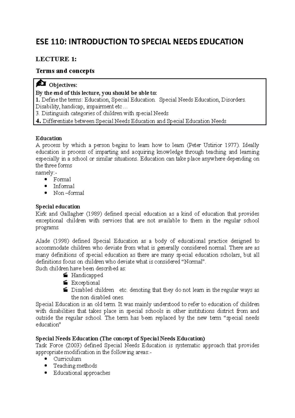 Lecture 1 - Food - ESE 110: INTRODUCTION TO SPECIAL NEEDS EDUCATION ...