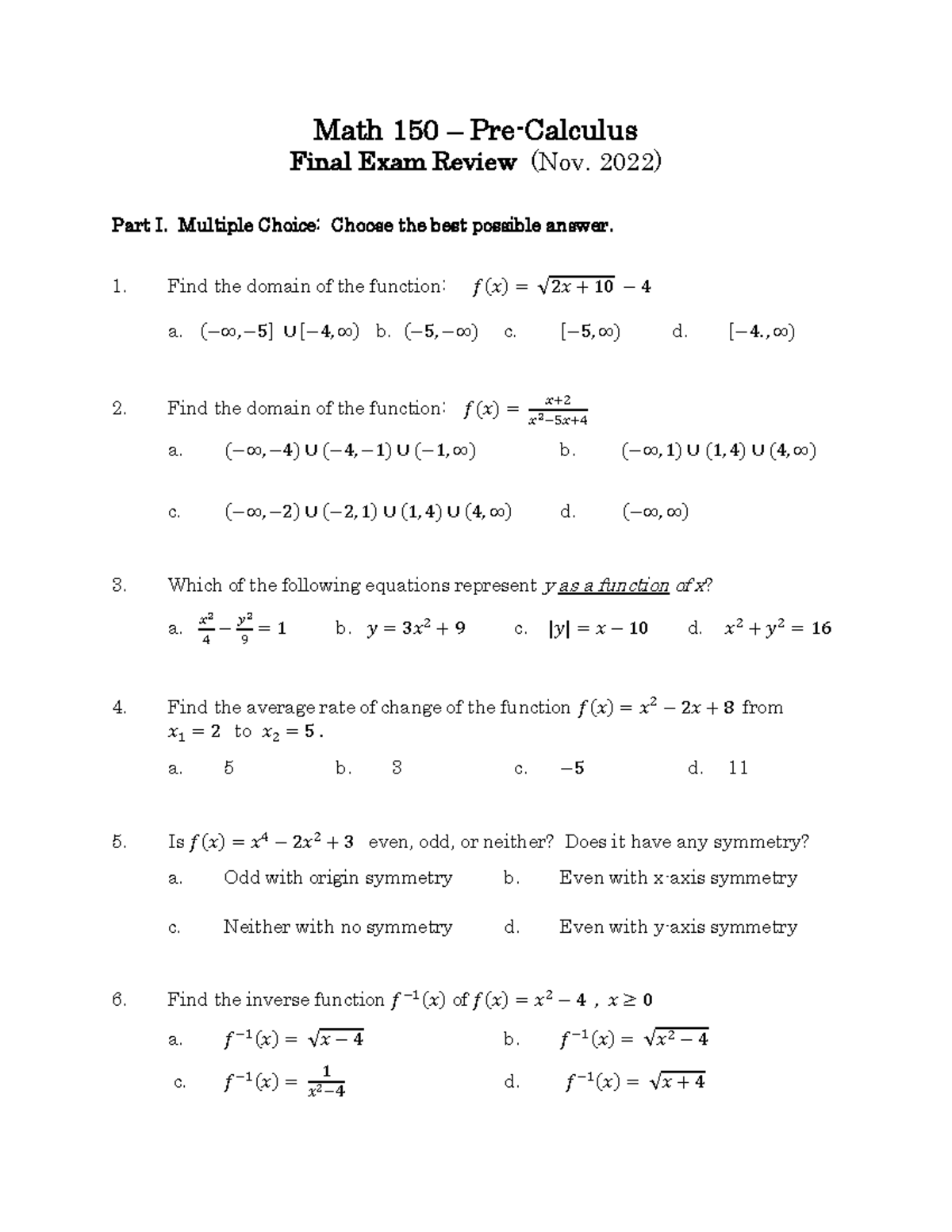 Math 150 final review - great - Math 150 – Pre-Calculus Final Exam ...