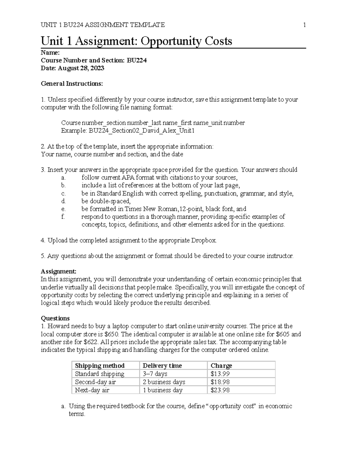 Unit 1 -Opportunity Cost - Unit 1 Assignment: Opportunity Costs Name ...