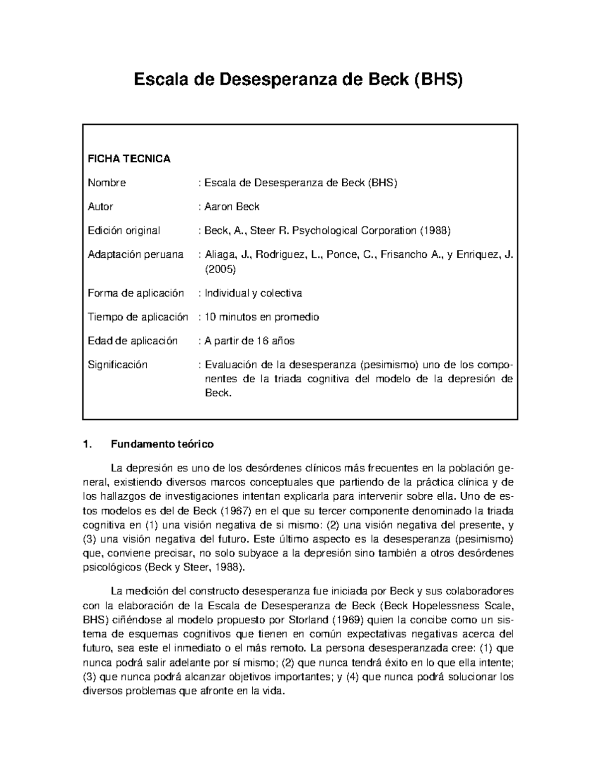Escala Desesperanza de Beck - Adaptacion Peru - Escala de Desesperanza ...