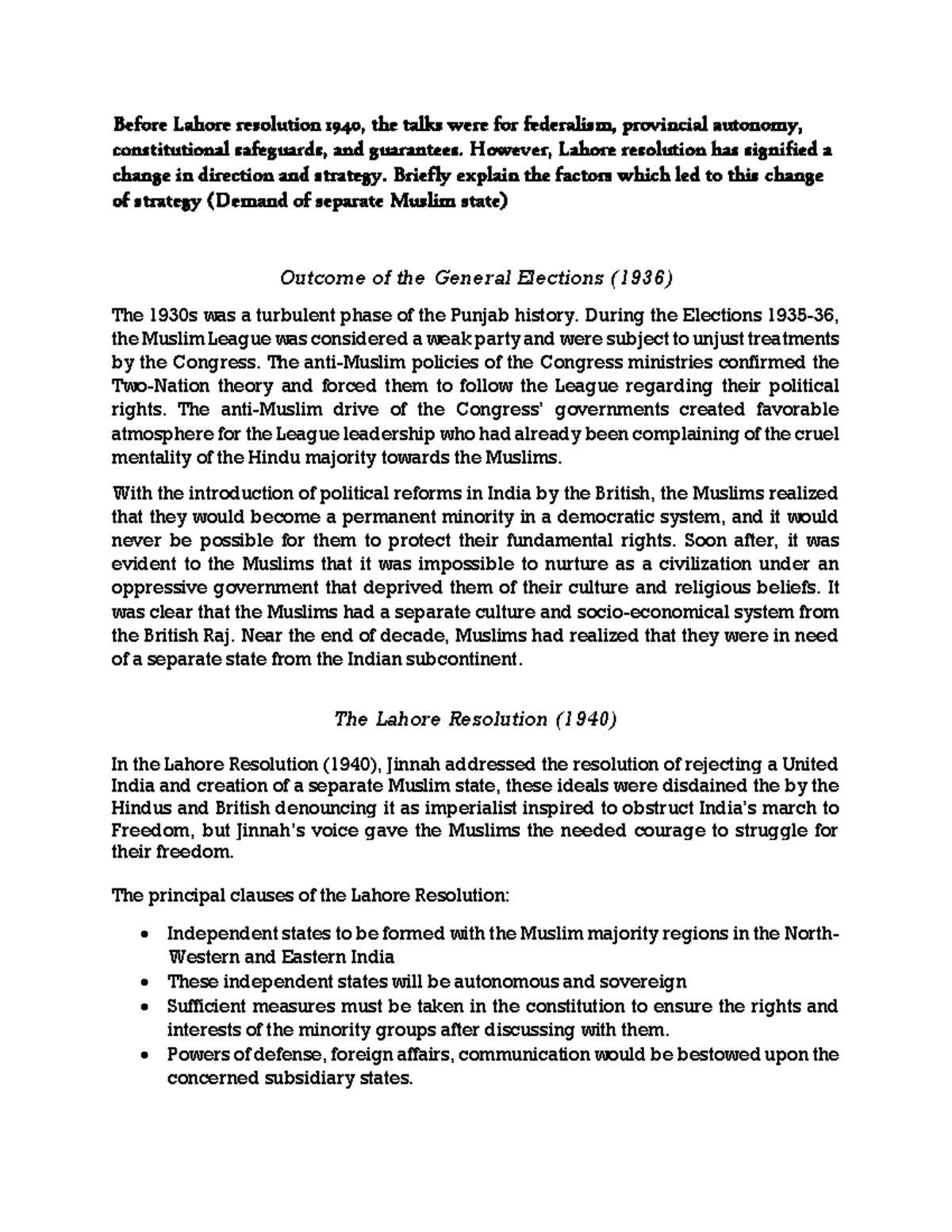 Lahore Resolution of 1940 - Before Lahore resolution 1940 , the talks ...