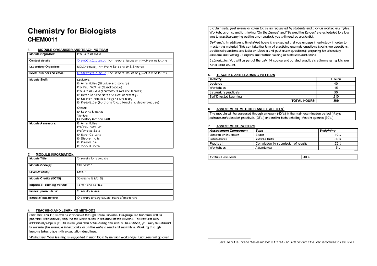 Chemistry Syllabus 2021-2022 - Chemistry for Biologists CHEM 1. MODULE ...