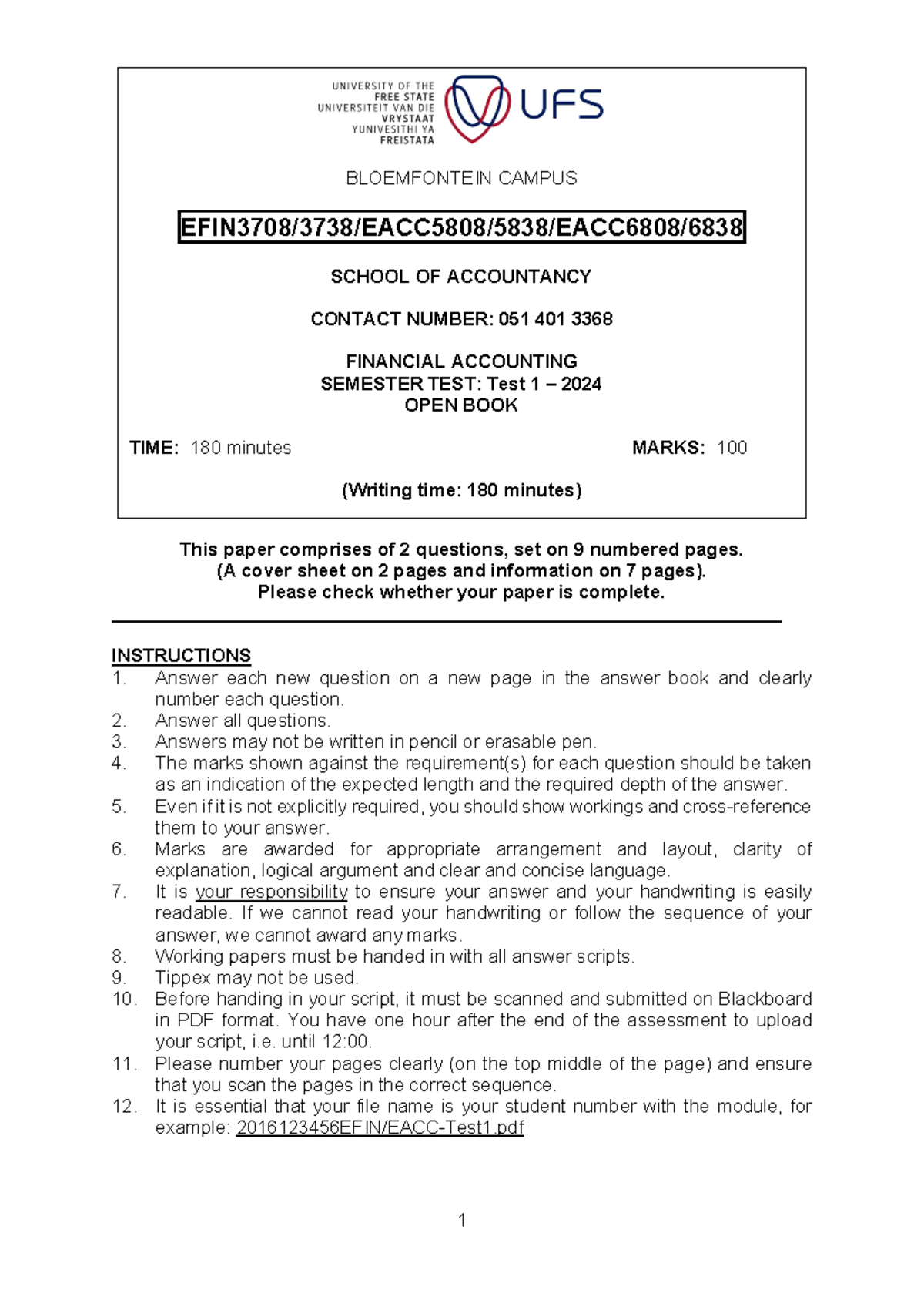 2024 - Test 1 - Financial accounting - This paper comprises of 2 ...