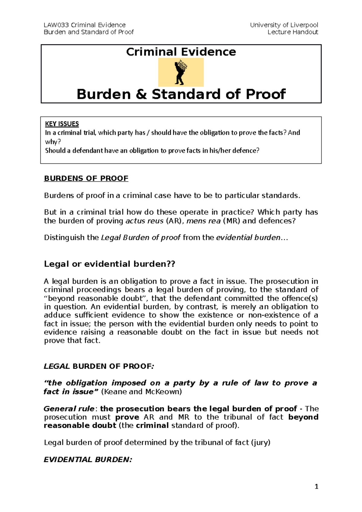 Burden & Standard of Proof Lecture Handout 2020 - Burden and Standard ...