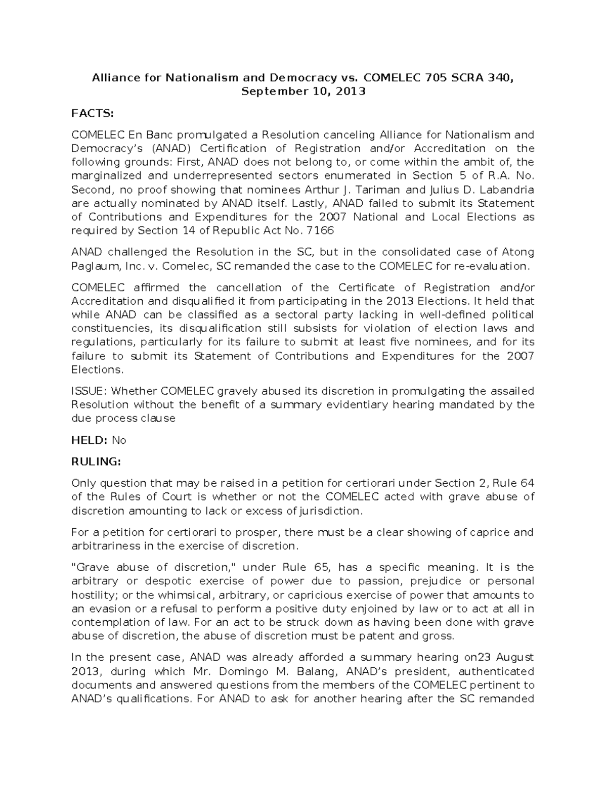 Alliance for Nationalism and Democracy vs Comelec - COMELEC 705 SCRA ...