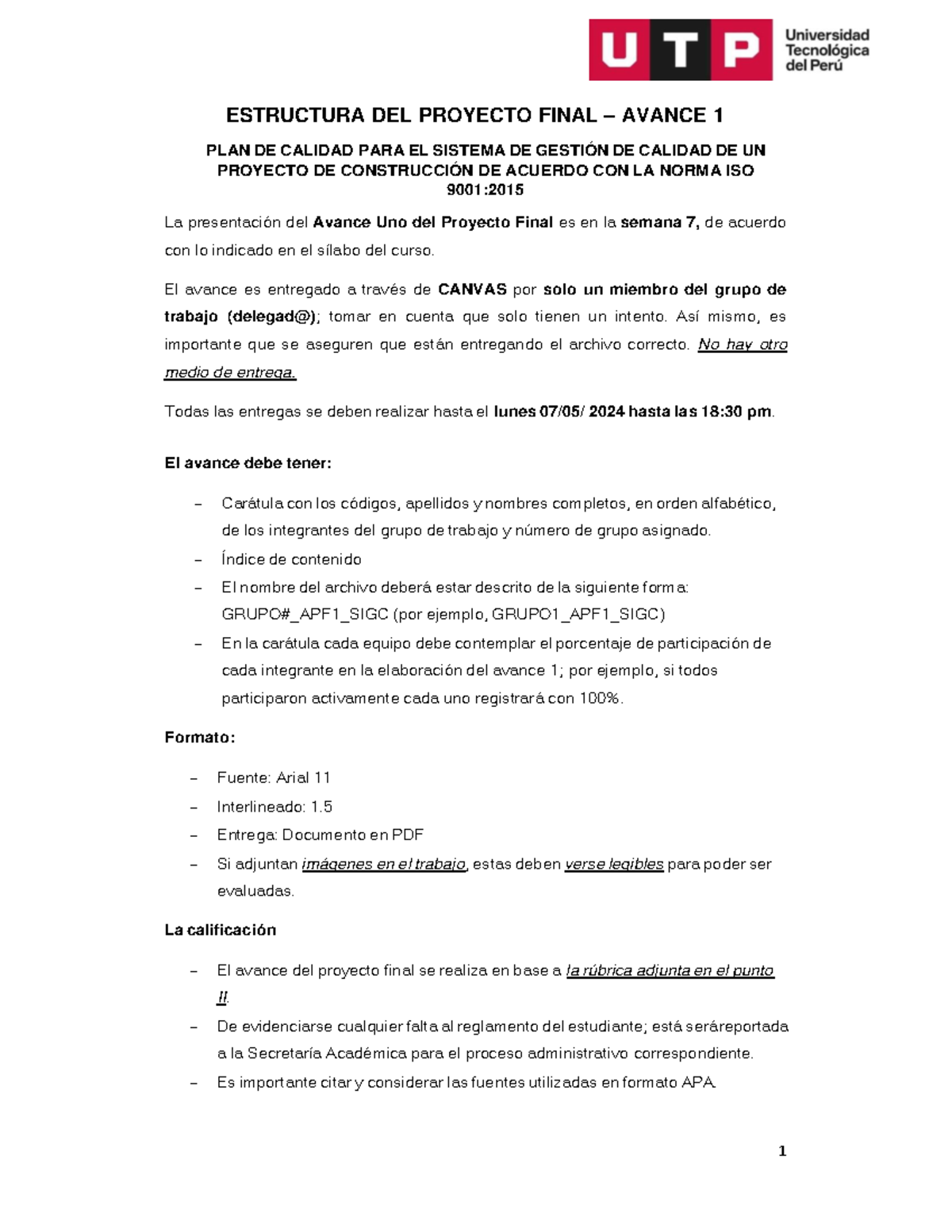 SIG Avance 1 DEL Proyecto Final - ESTRUCTURA DEL PROYECTO FINAL – AVANCE 1 PLAN DE CALIDAD PARA ...