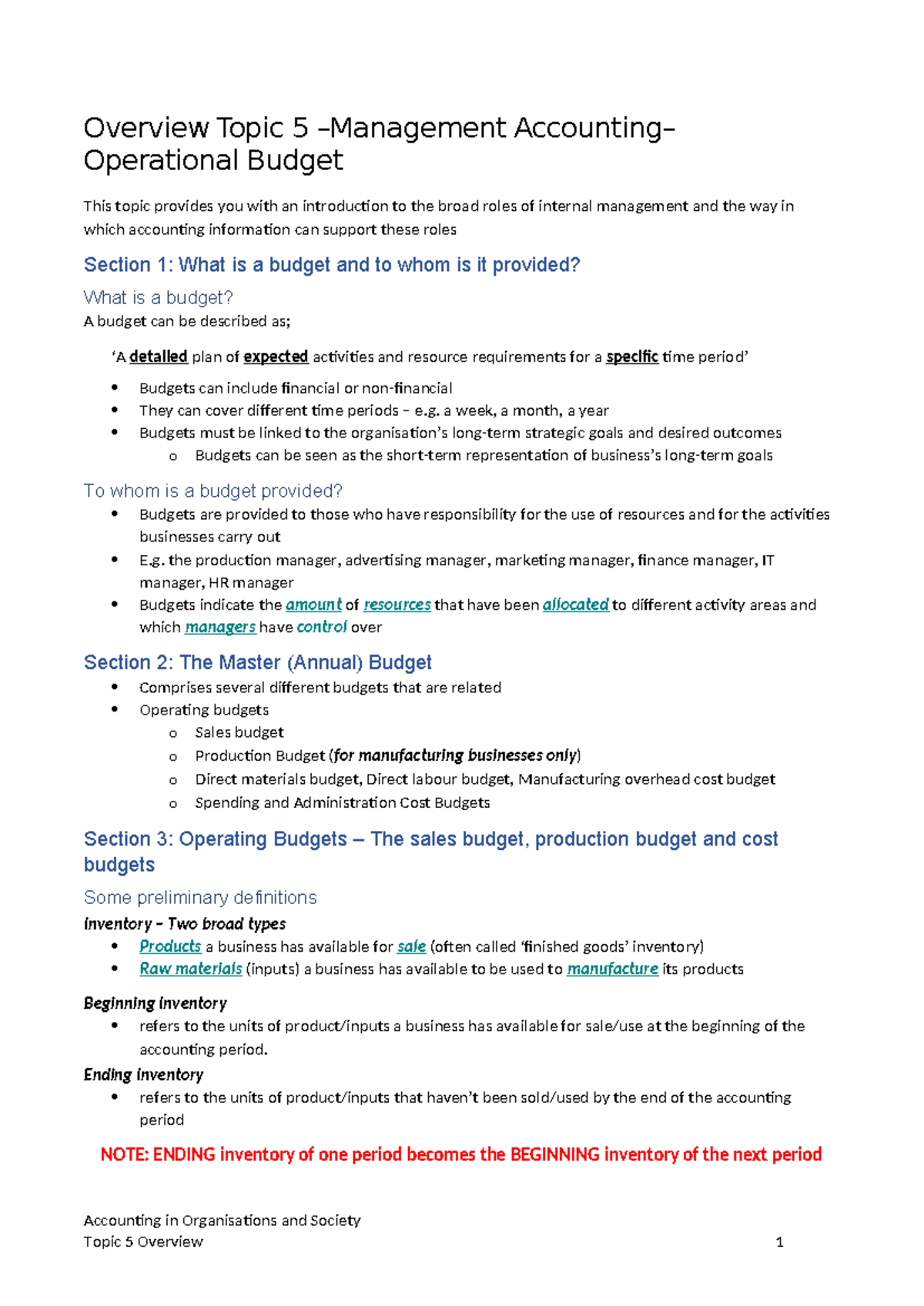 Topic 5 Overview Notes-1-2 - Overview Topic 5 –Management Accounting ...