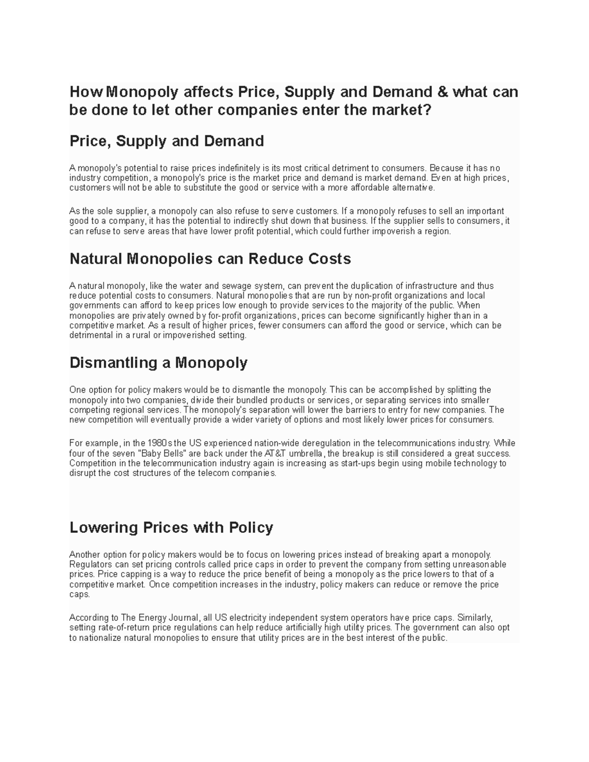 Eco Essay Assignment 3 - How Monopoly affects Price, Supply and Demand ...