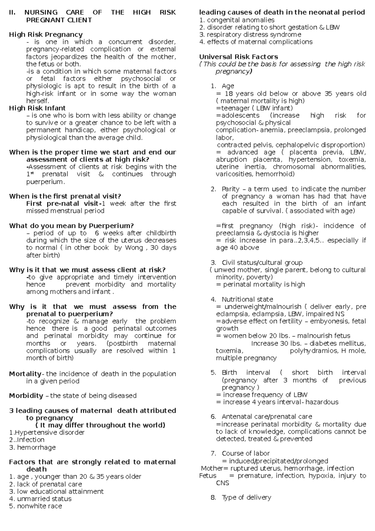 Abnormal OB handout - study well - II. NURSING CARE OF THE HIGH RISK ...