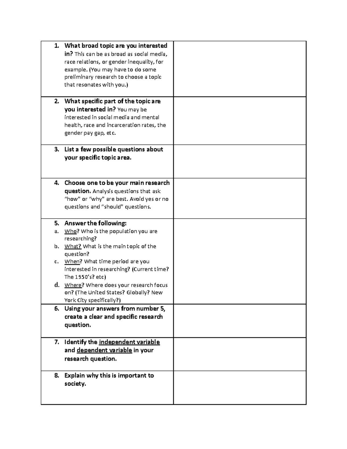 Research Question Worksheet - 1. What broad topic are you interested in ...