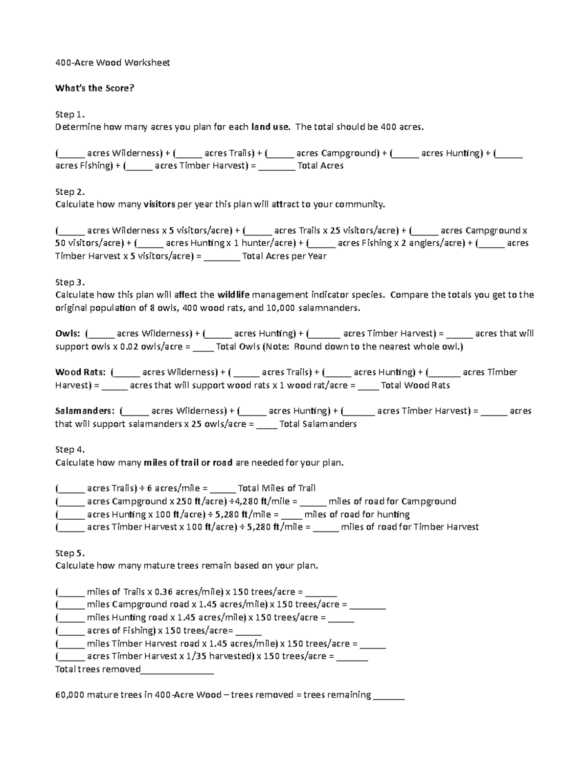 400Acre Wood - Assignment - 400-Acre Wood Worksheet What’s the Score ...