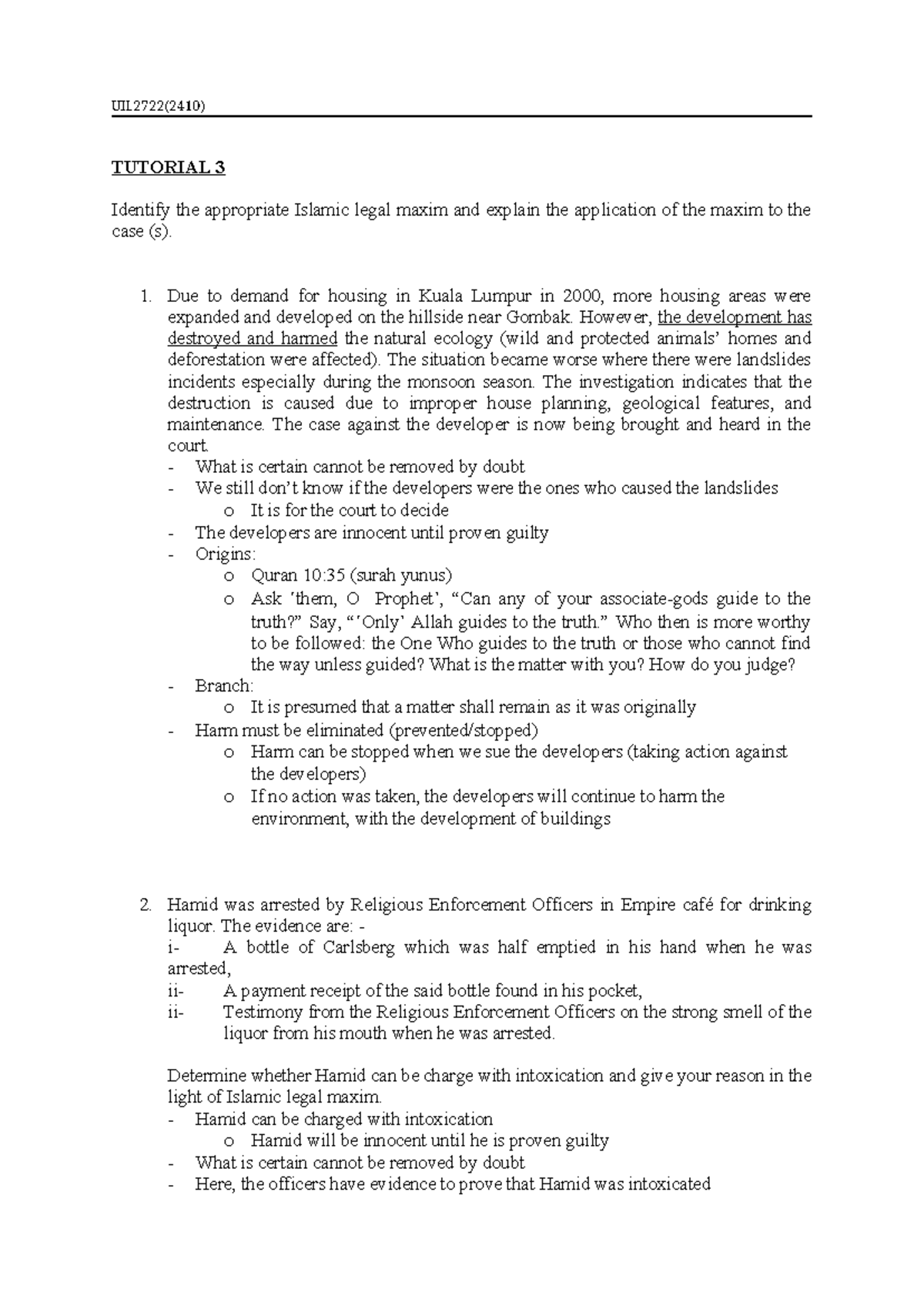 Tutorial 3 Islamic Law II - UIL2722(2410) TUTORIAL 3 Identify the ...