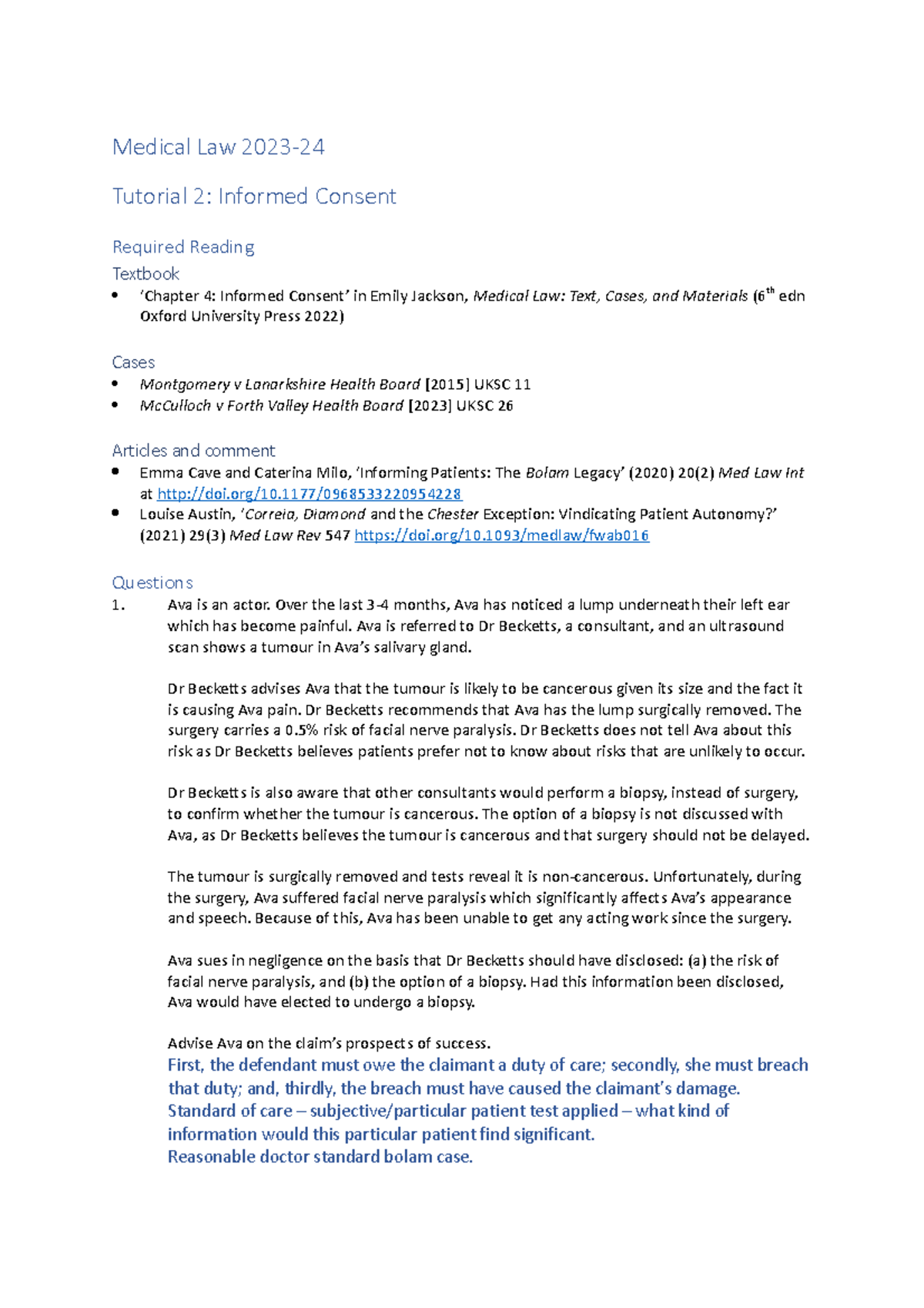 Informed Consent Tutorial 2 Sheet - Medical Law 2023- Tutorial 2 ...