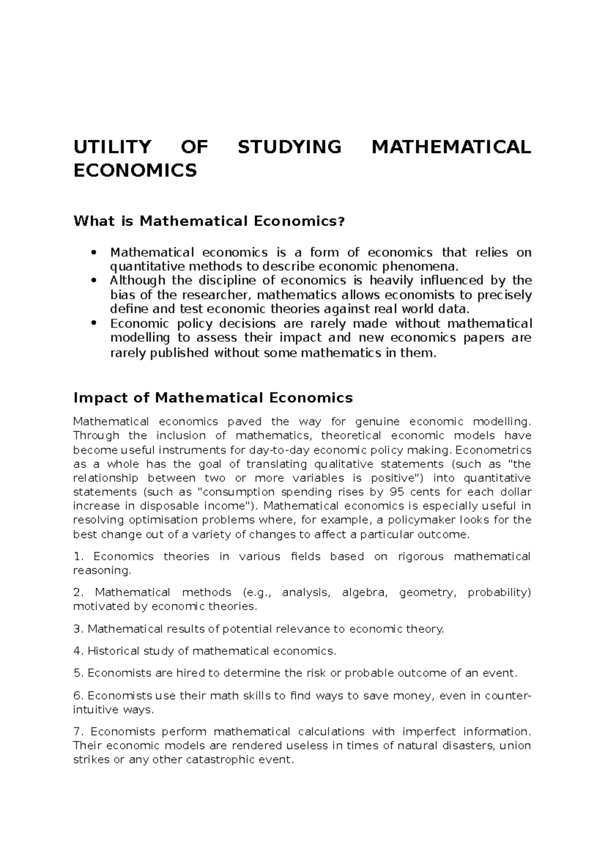 Utility OF Studying Mathematical Economics - UTILITY OF STUDYING ...