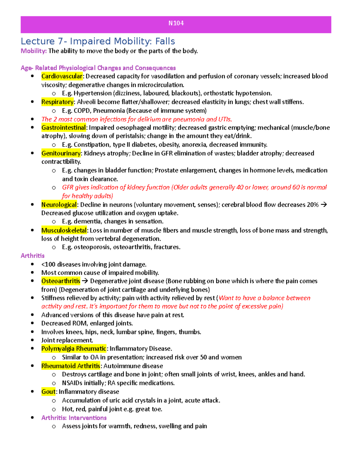 Impaired Mobility Falls - N104 Lecture 7- Impaired Mobility: Falls ...