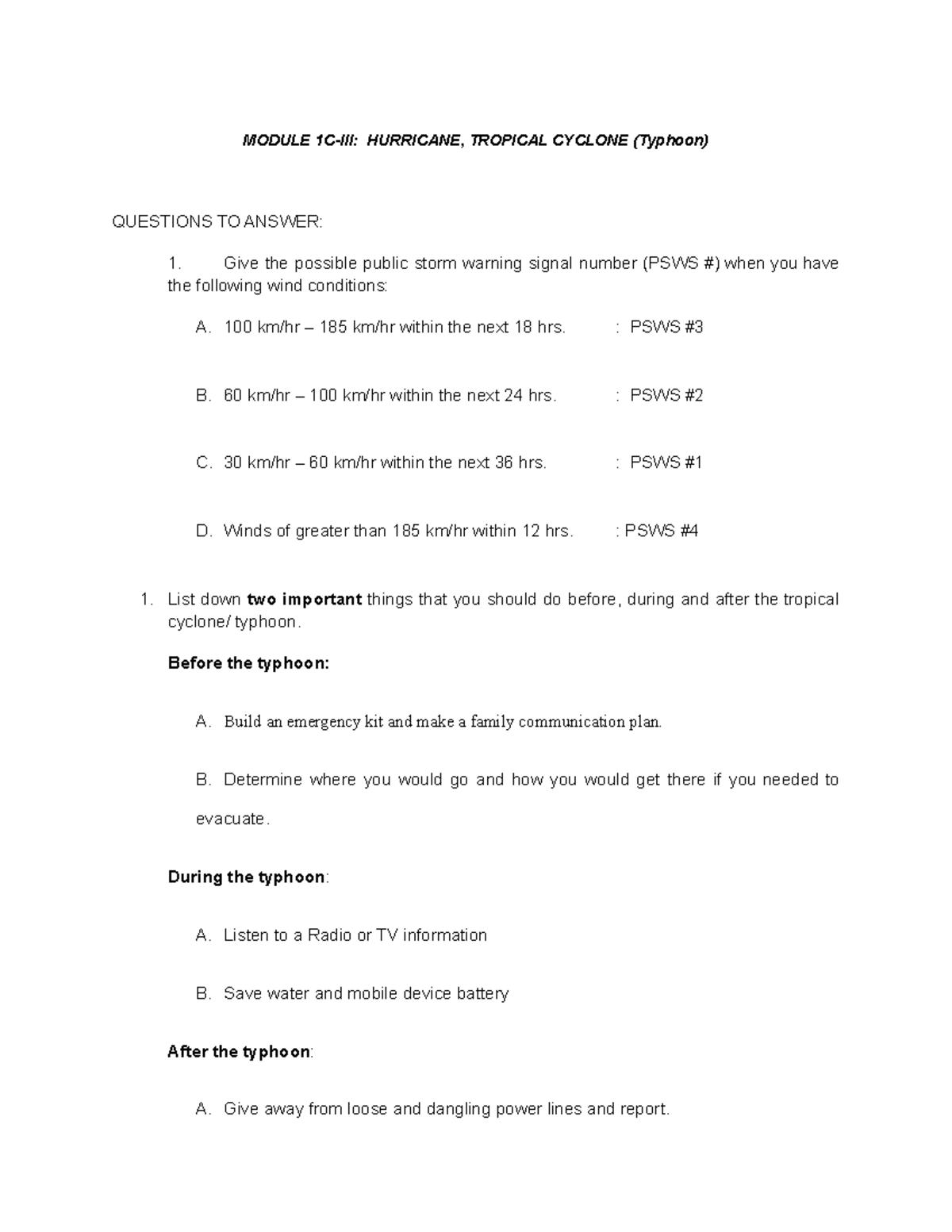 MODULE 1C-III: HURRICANE, TROPICAL CYCLONE (Typhoon) - Give the ...