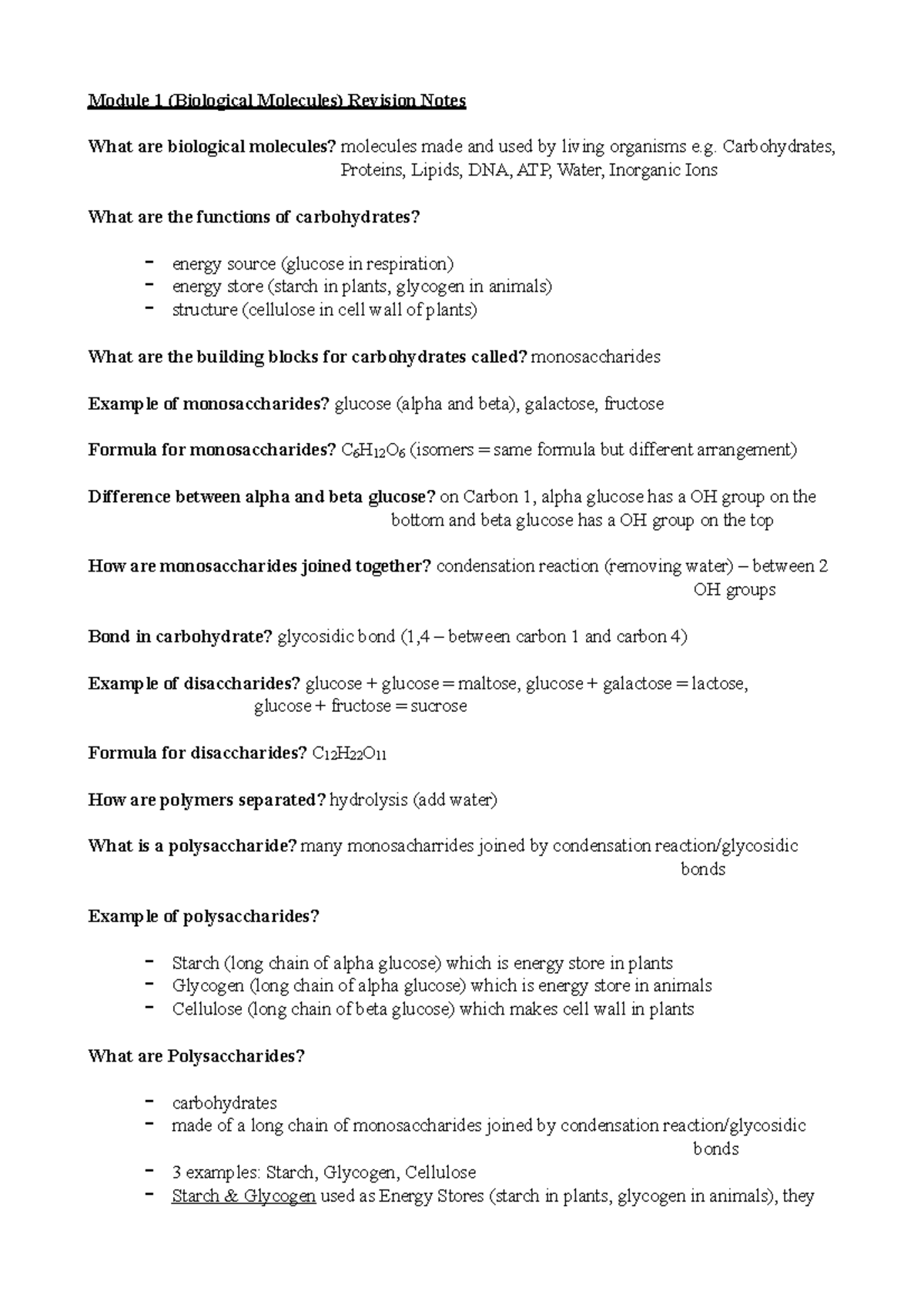 AQA Module 1 Revision Notes - Module 1 (Biological Molecules) Revision ...