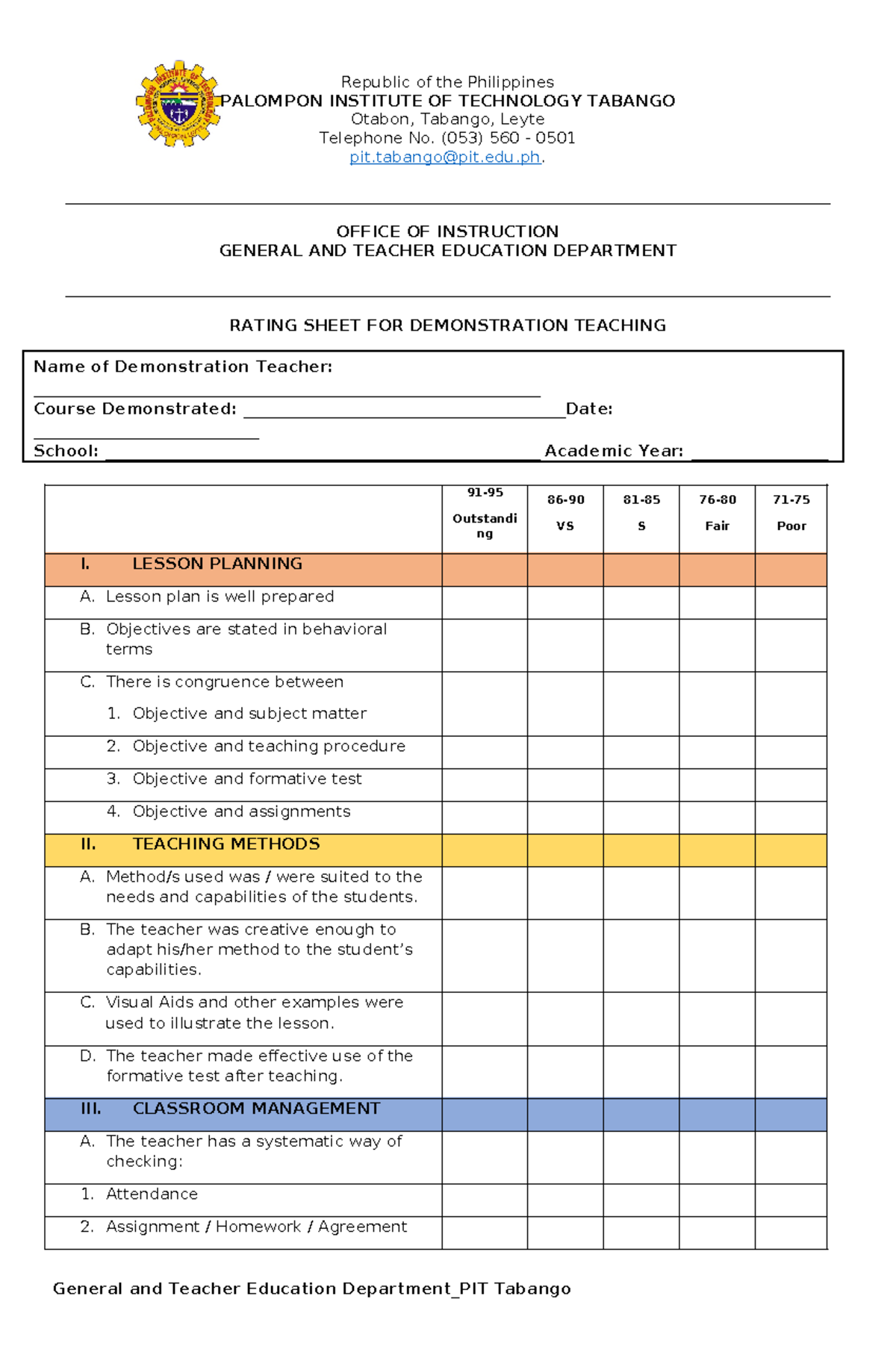Rating Sheet FOR Demonstration Teaching - Republic of the Philippines ...