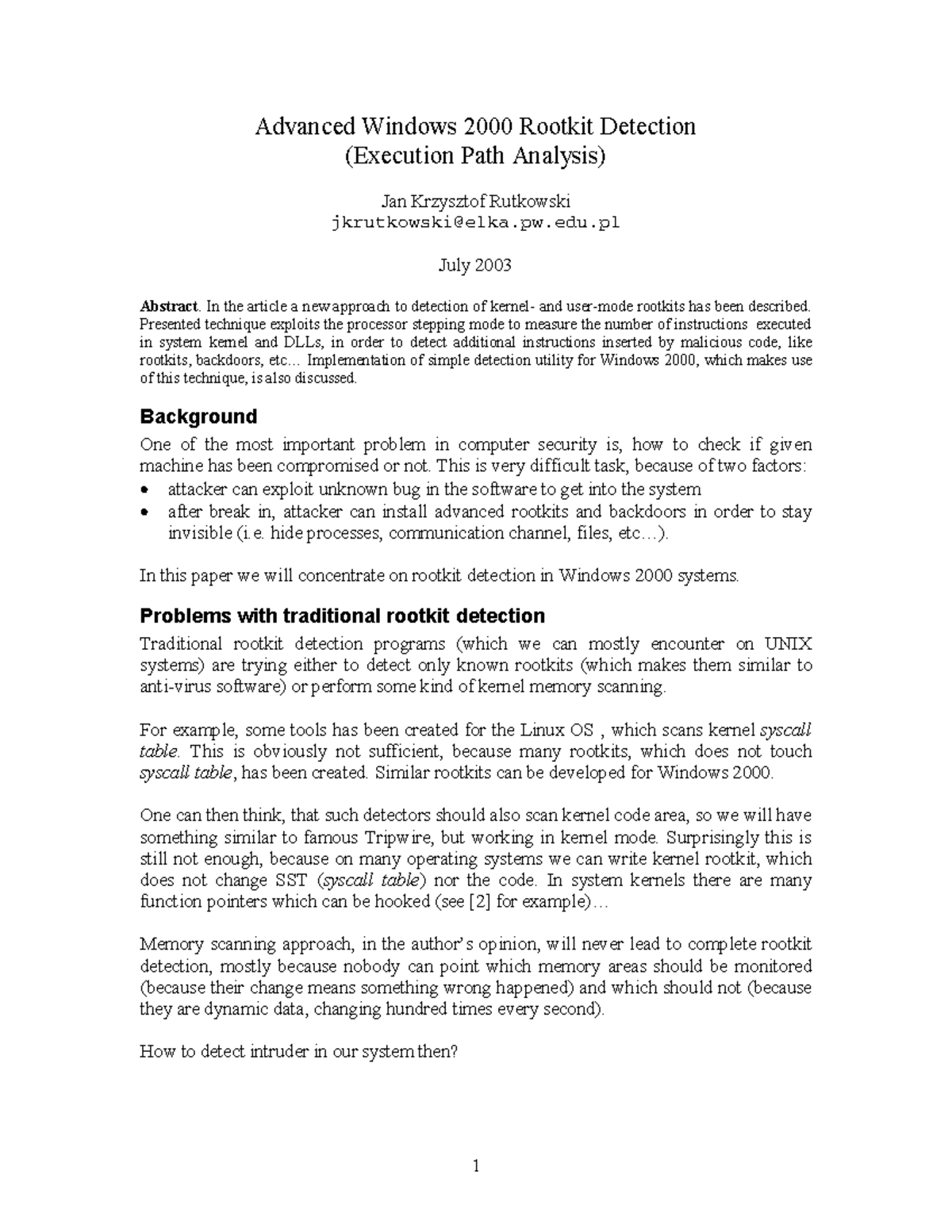 Advanced Windows 2000 Rootkit Detection Execution Path Analysis Advanced Windows 2000 5217