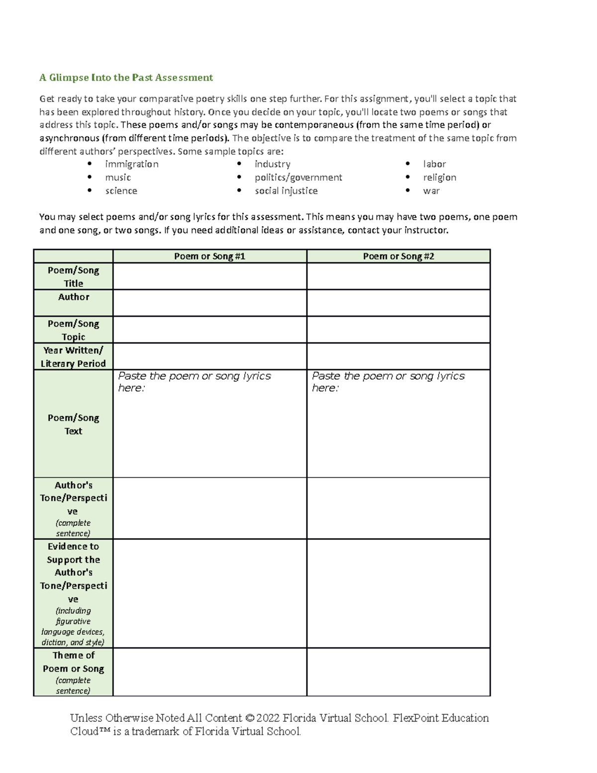 A glimpse into the past assess rubric - A Glimpse Into the Past ...