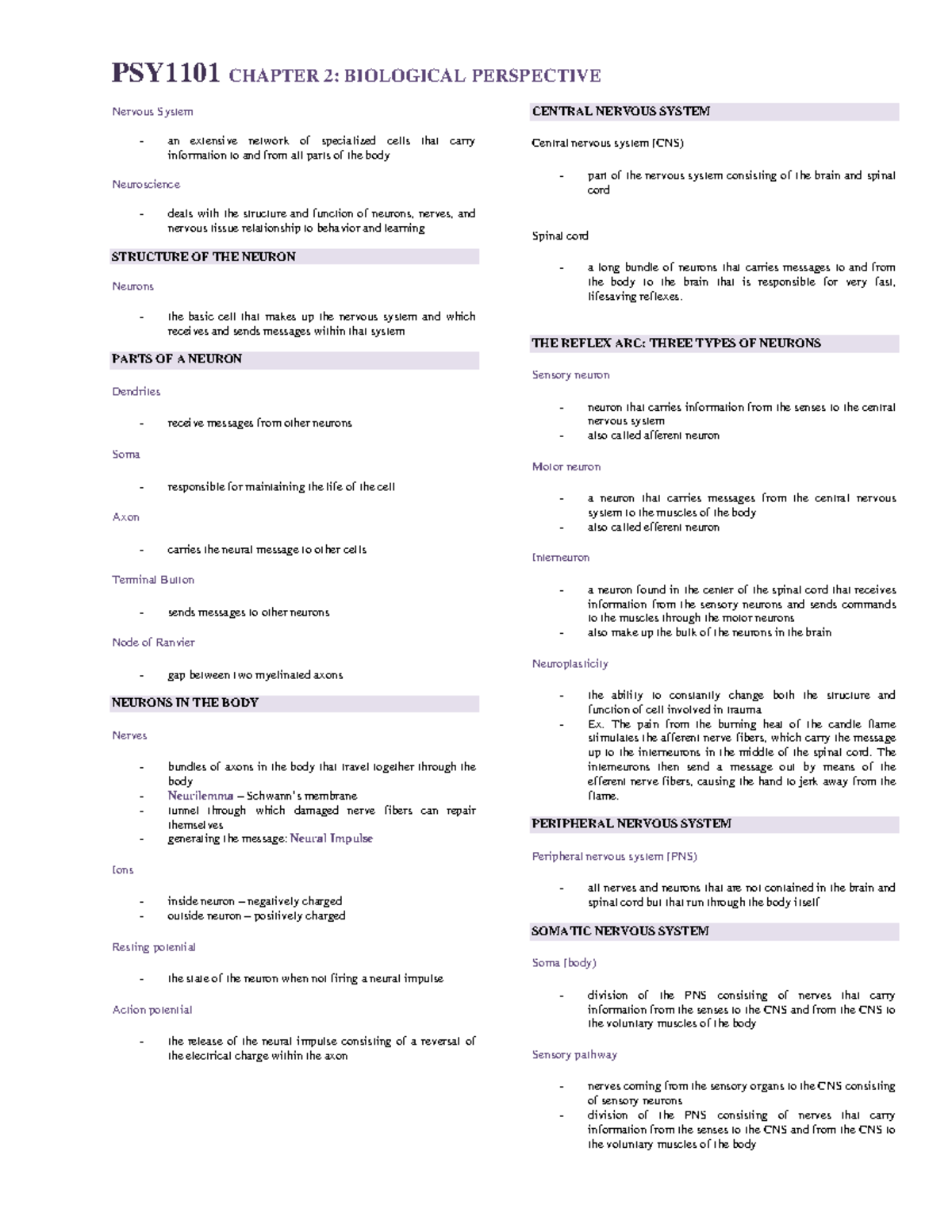 The biological perspective - PSY1101 CHAPTER 2: BIOLOGICAL PERSPECTIVE ...