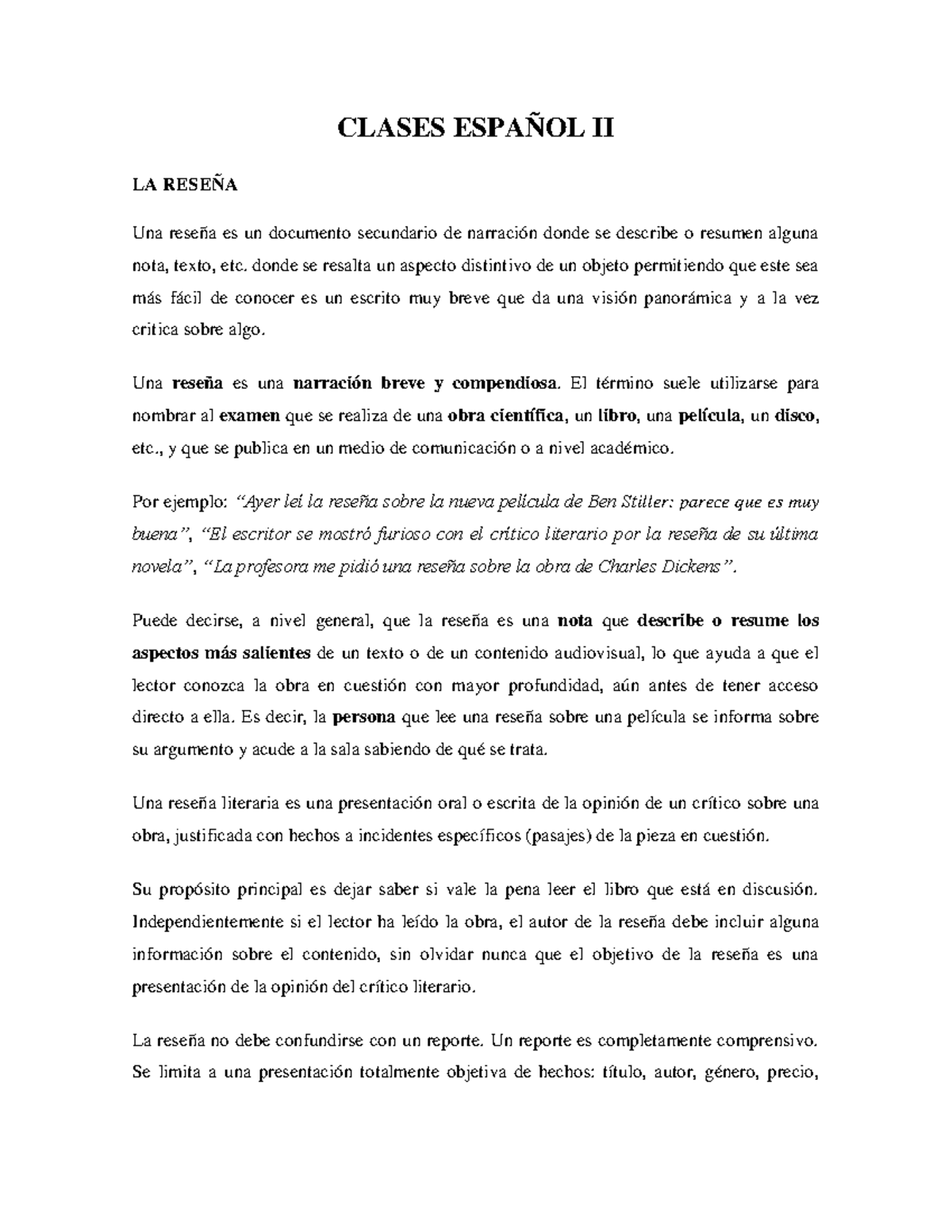 6ta. Clases Español II - Lecture notes 8 - CLASES ESPAÑOL II LA RESEÑA ...