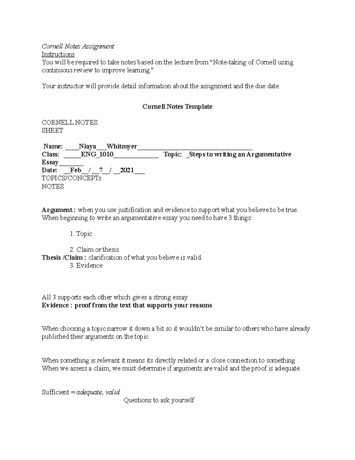 Assignment Feb 7 FYS - Intro to first year at college - Cornell Notes ...