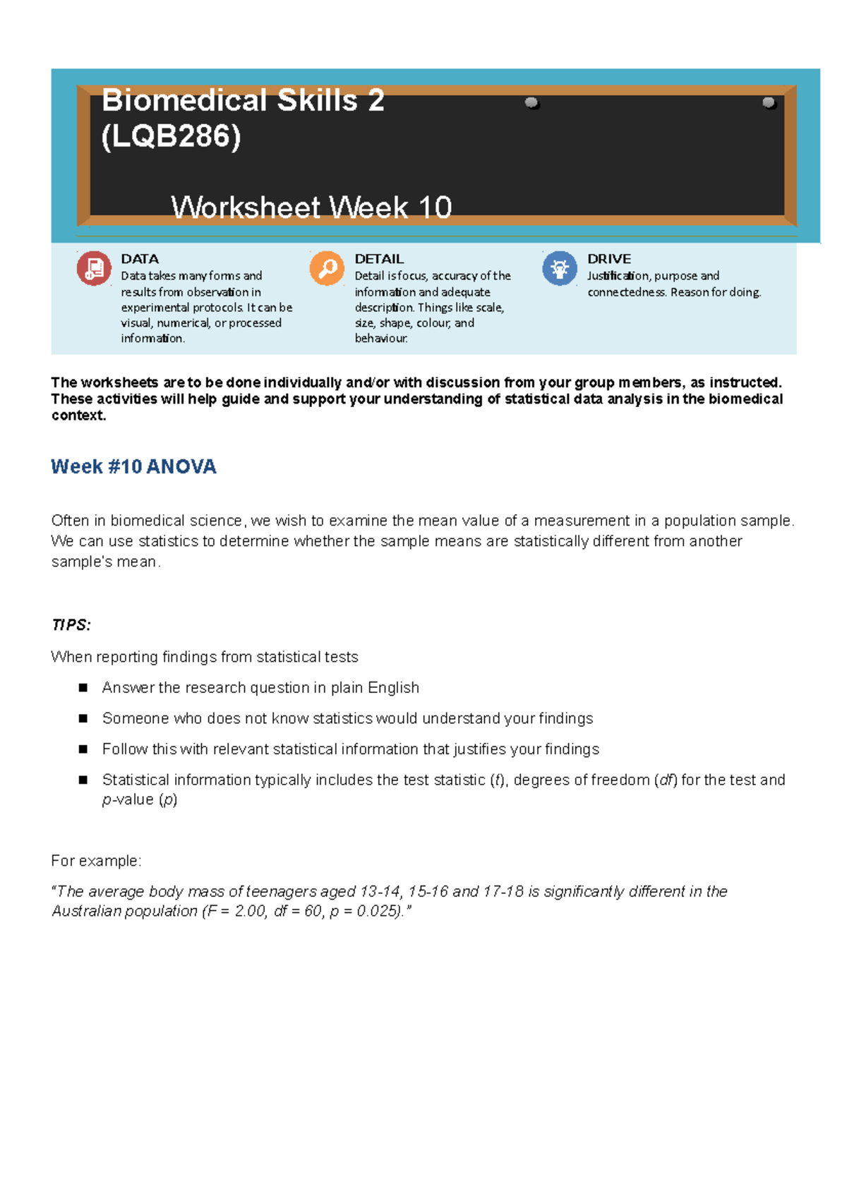 Biomedical Skills 2 Worksheet Week 10 Data Analysis - Studocu