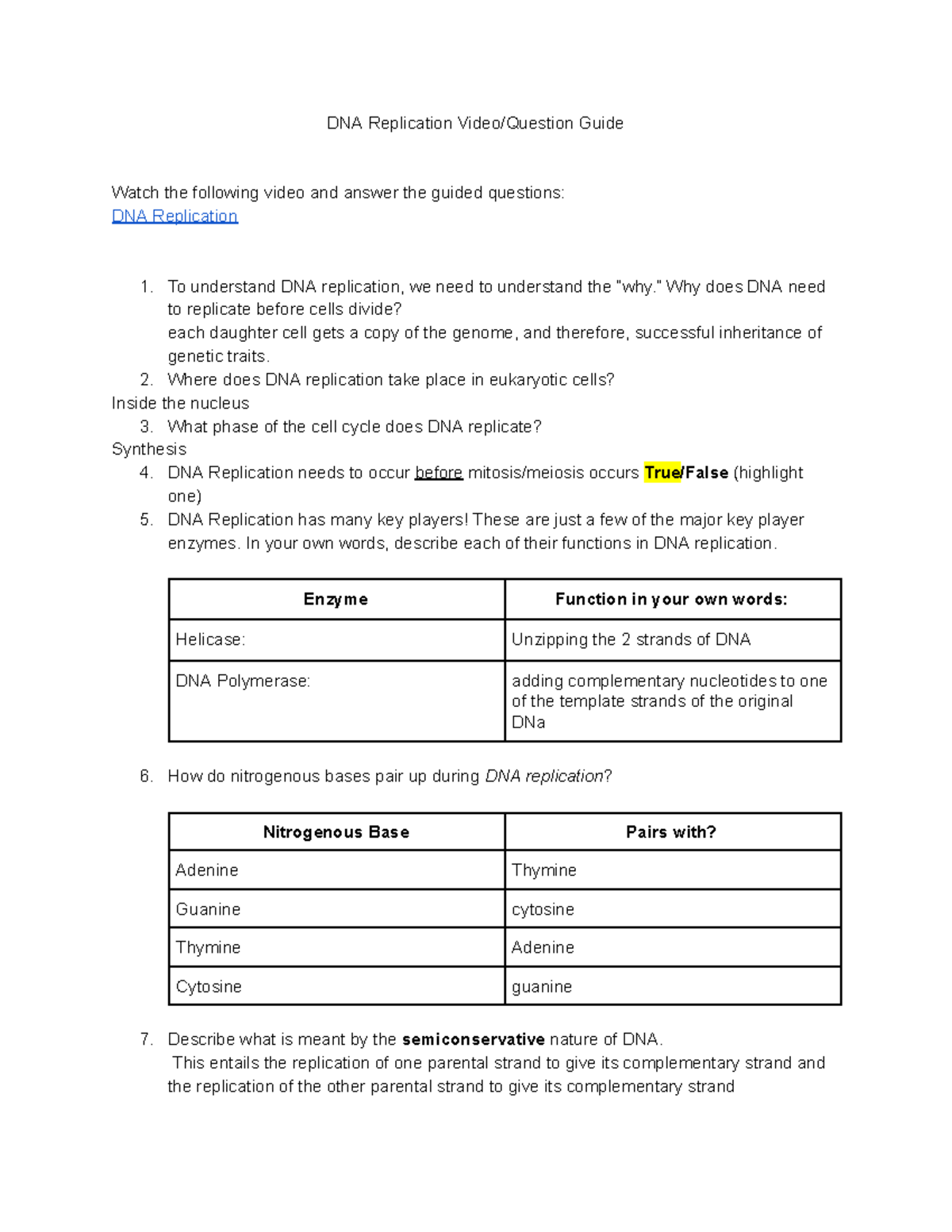 Copy of DNA Replication Video & Questions 2021 - DNA Replication Video ...