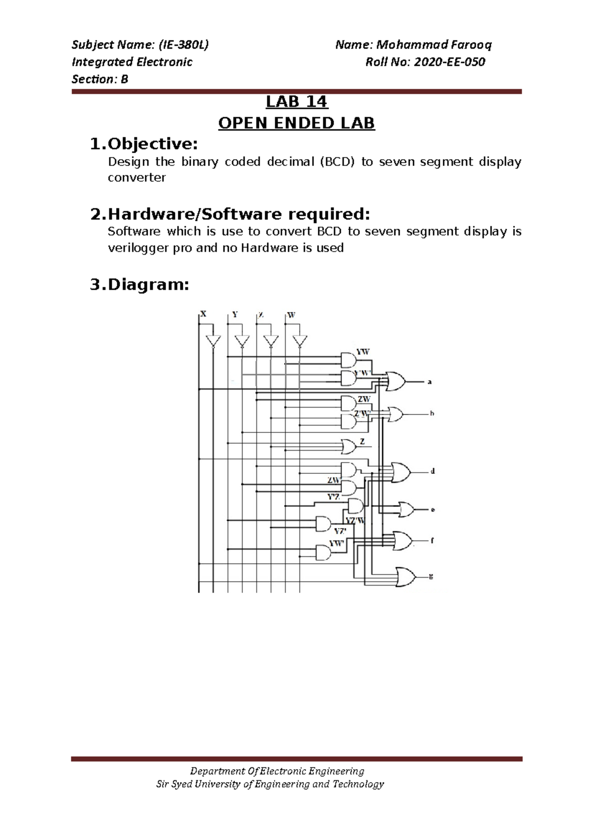 Lab 14WK - lab - Integrated Electronic Roll No: 2020-EE- Section: B LAB 14 OPEN ENDED LAB 1 ...