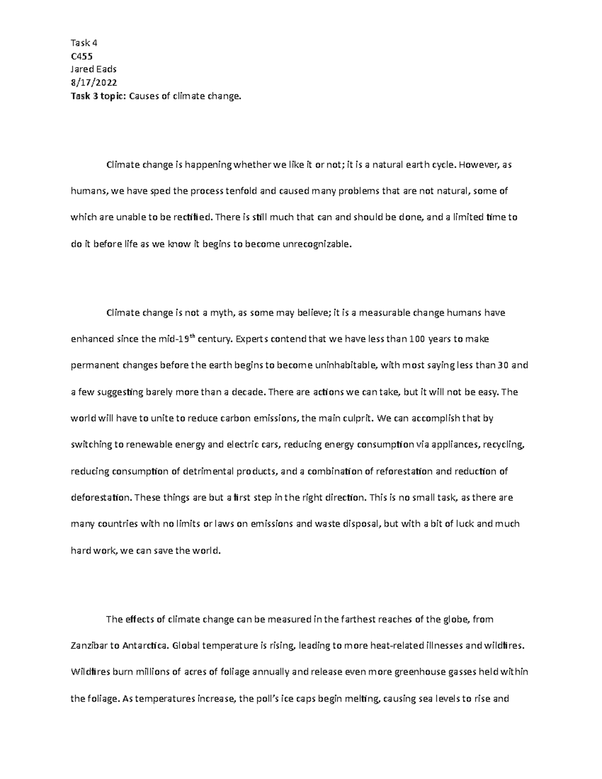 C455 Task 4 - Jared Eads8/17/ Task 3 topic: Causes of climate change ...